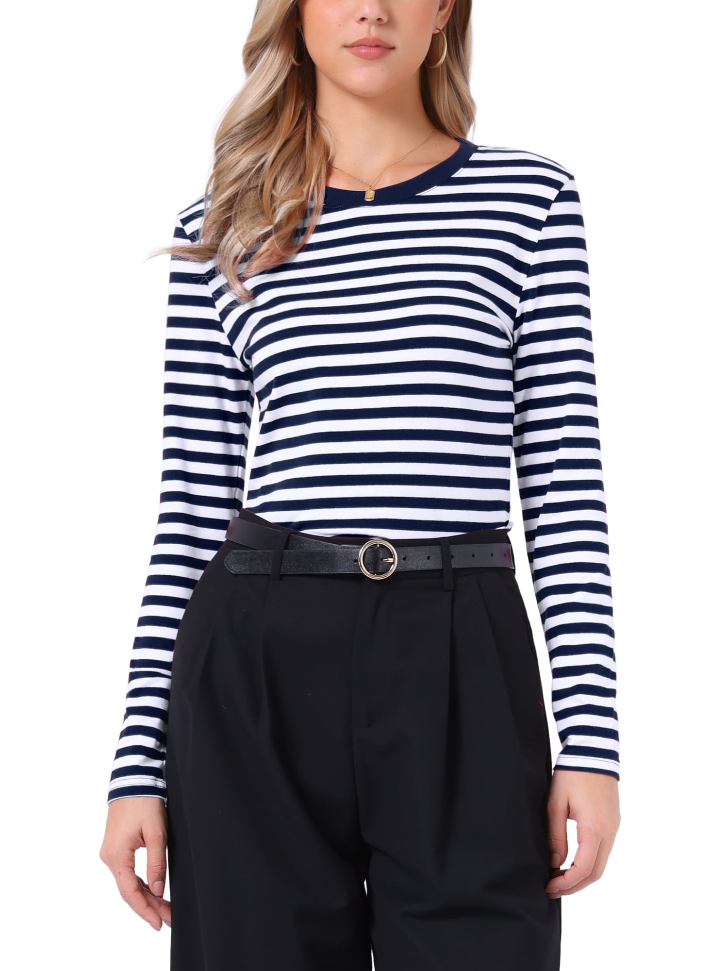 INSPIRE CHIC Striped Shirts for Women Long Sleeve Cotton Tops Crew Neck ...