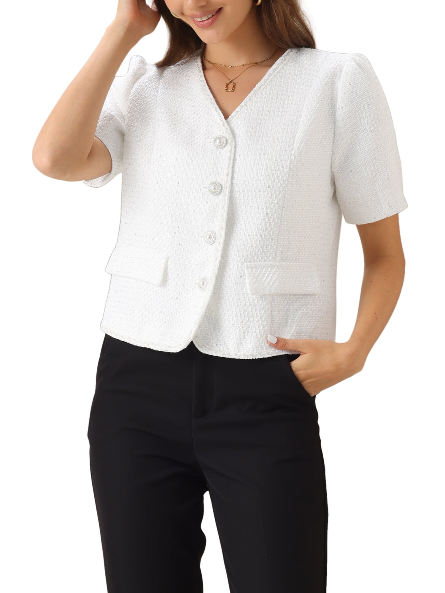 INSPIRE CHIC Tweed Collarless Blazer for Women's Work Office Cropped V ...