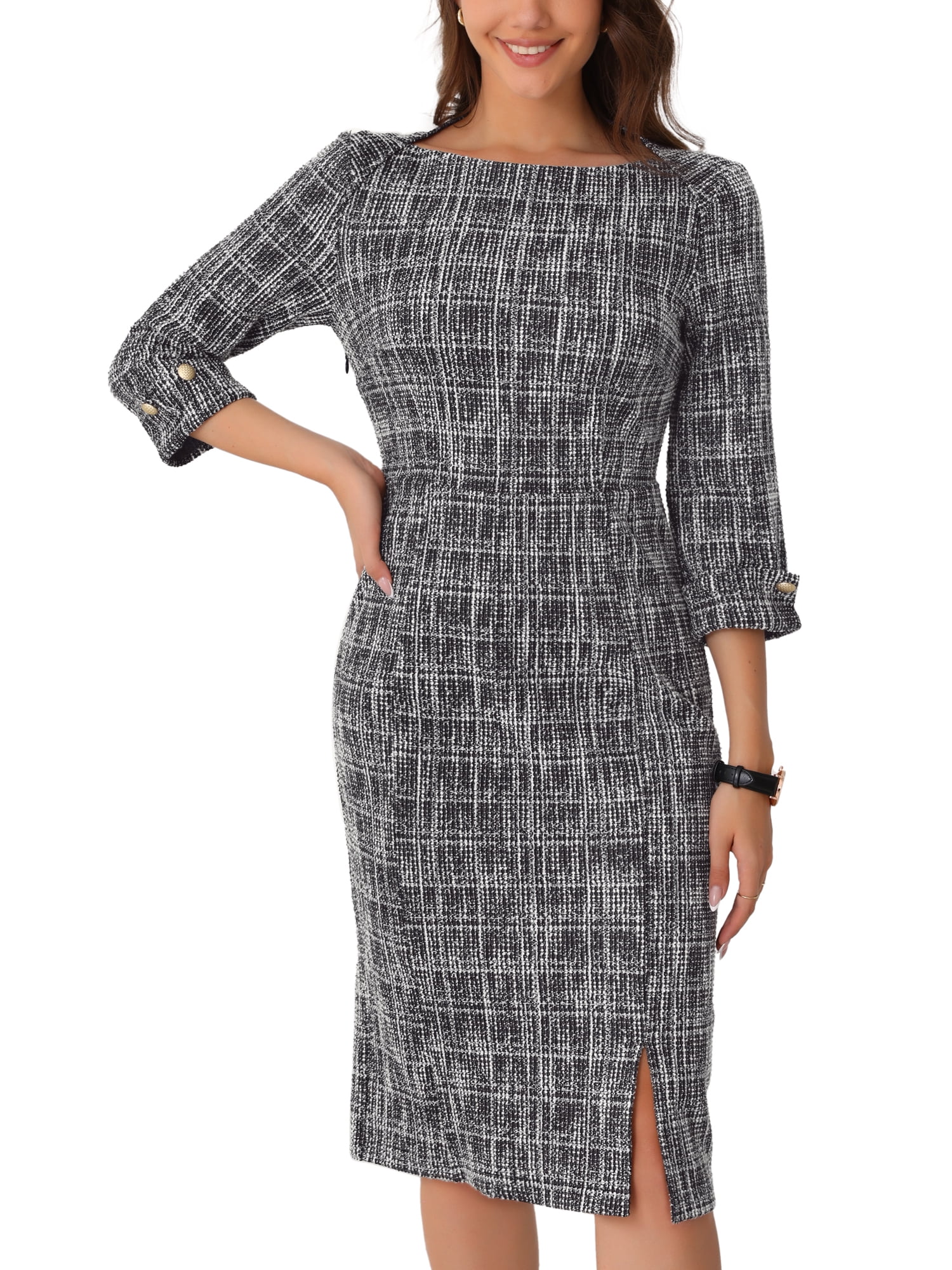 INSPIRE CHIC Women's Tweed Dress Boat Neck 3/4 Sleeve Knee Length Work ...