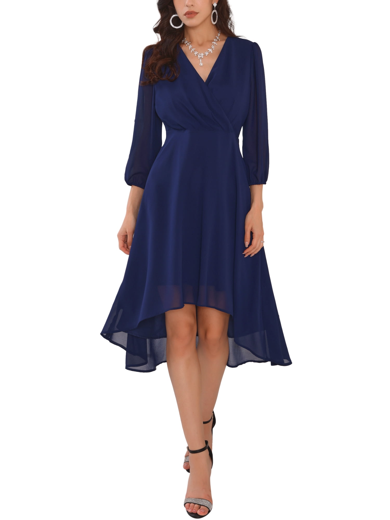 INSPIRE CHIC Women's V Neck 3/4 Sleeves High Low Chiffon Midi Dress L ...