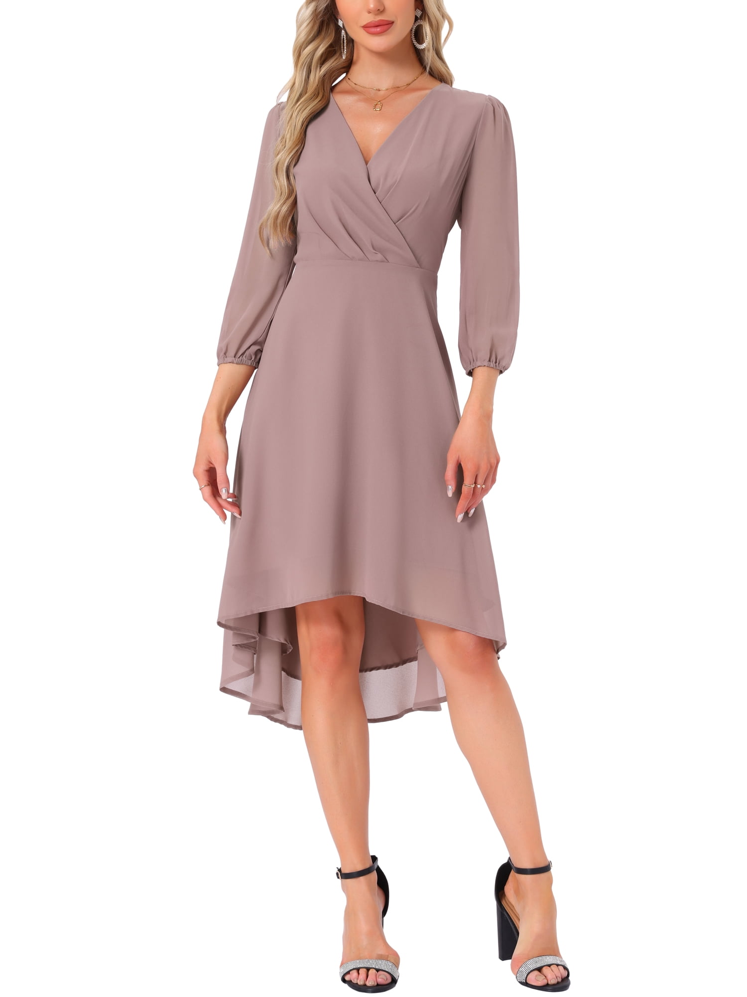 INSPIRE CHIC Women's V Neck 3/4 Sleeves High Low Chiffon Midi Dress XL ...
