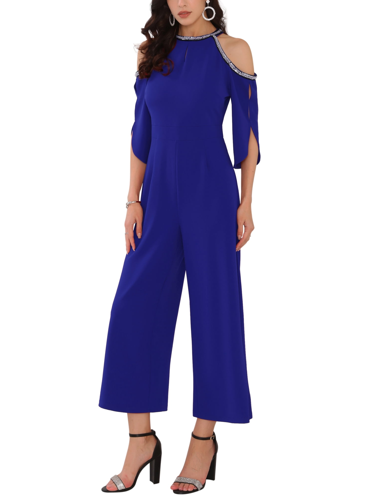 INSPIRE CHIC WOMLAYOUT Women's Halter Jumpsuits Sequin Cold Shoulder ...