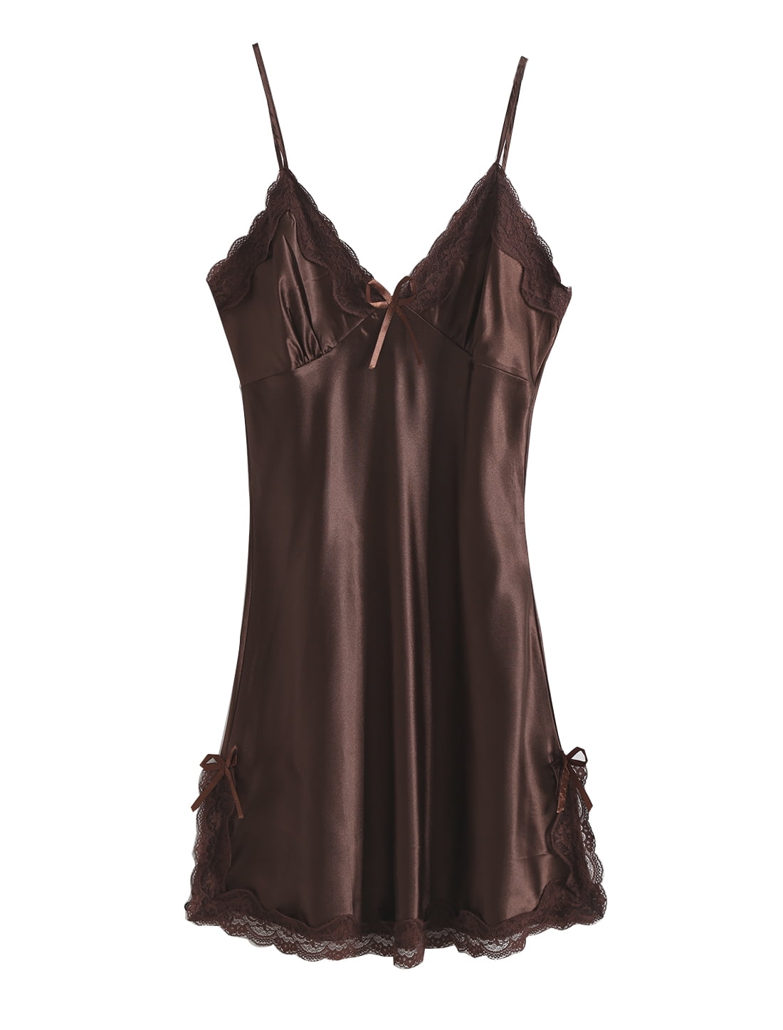 INSPIRE CHIC Women Satin Lace Trim Sleepwear Nightgown Pajama Slip ...