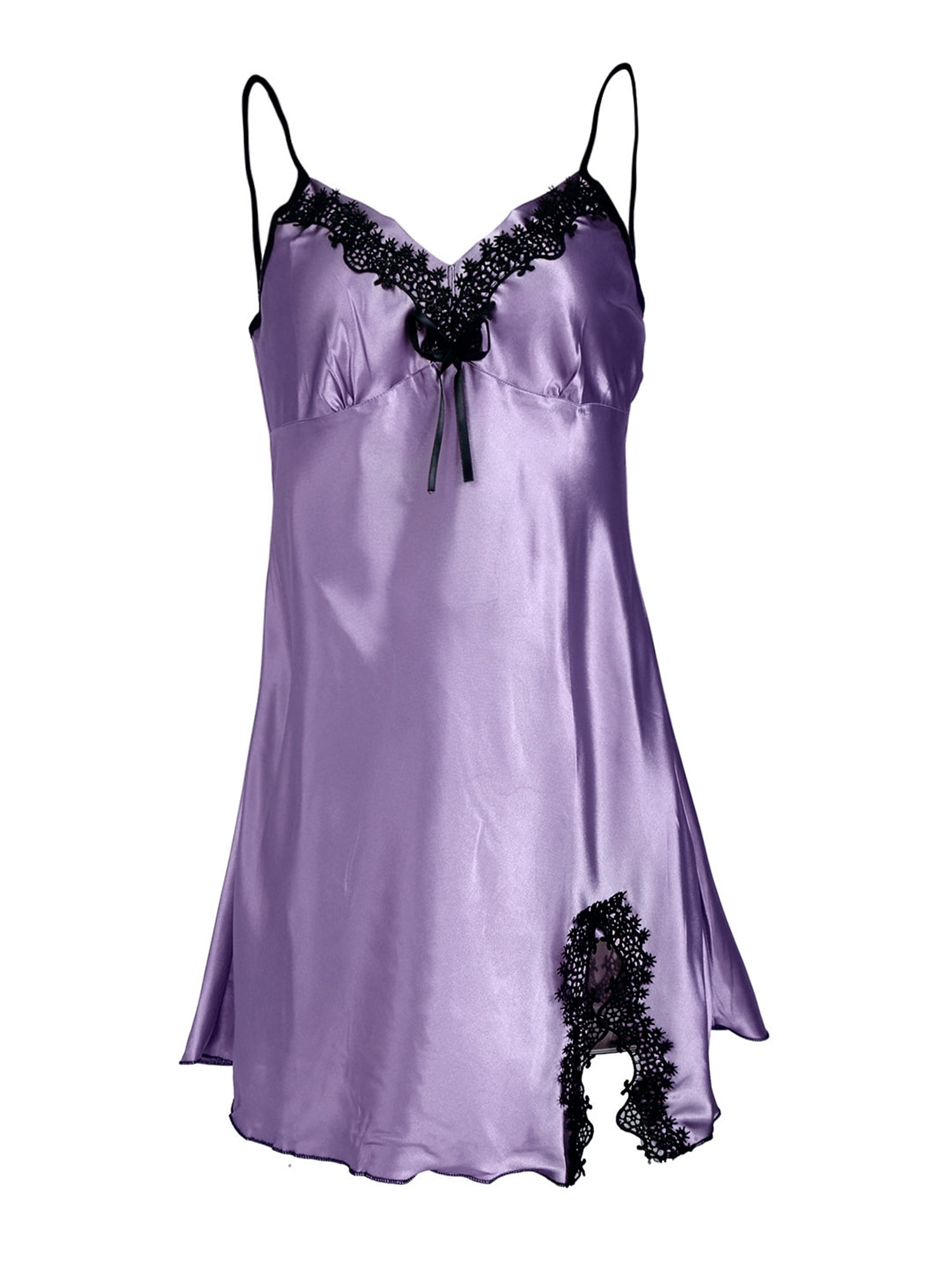 INSPIRE CHIC Women Satin Lace Trim Sleepwear Nightgown Pajama Slip ...