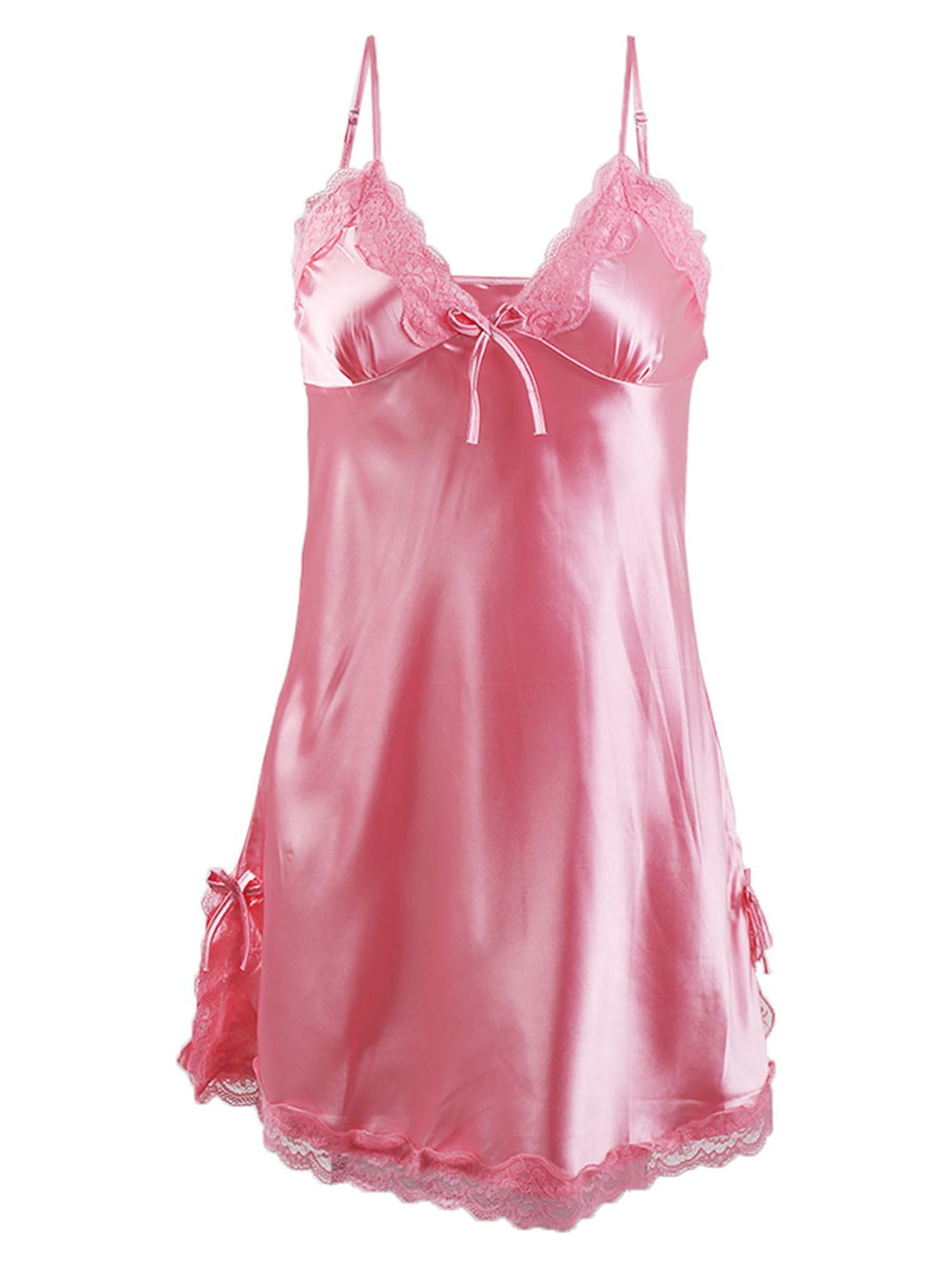 Women Sexy Satin Lace Trim Sleepwear Nightgown Pajama Slip Dress Pink ...