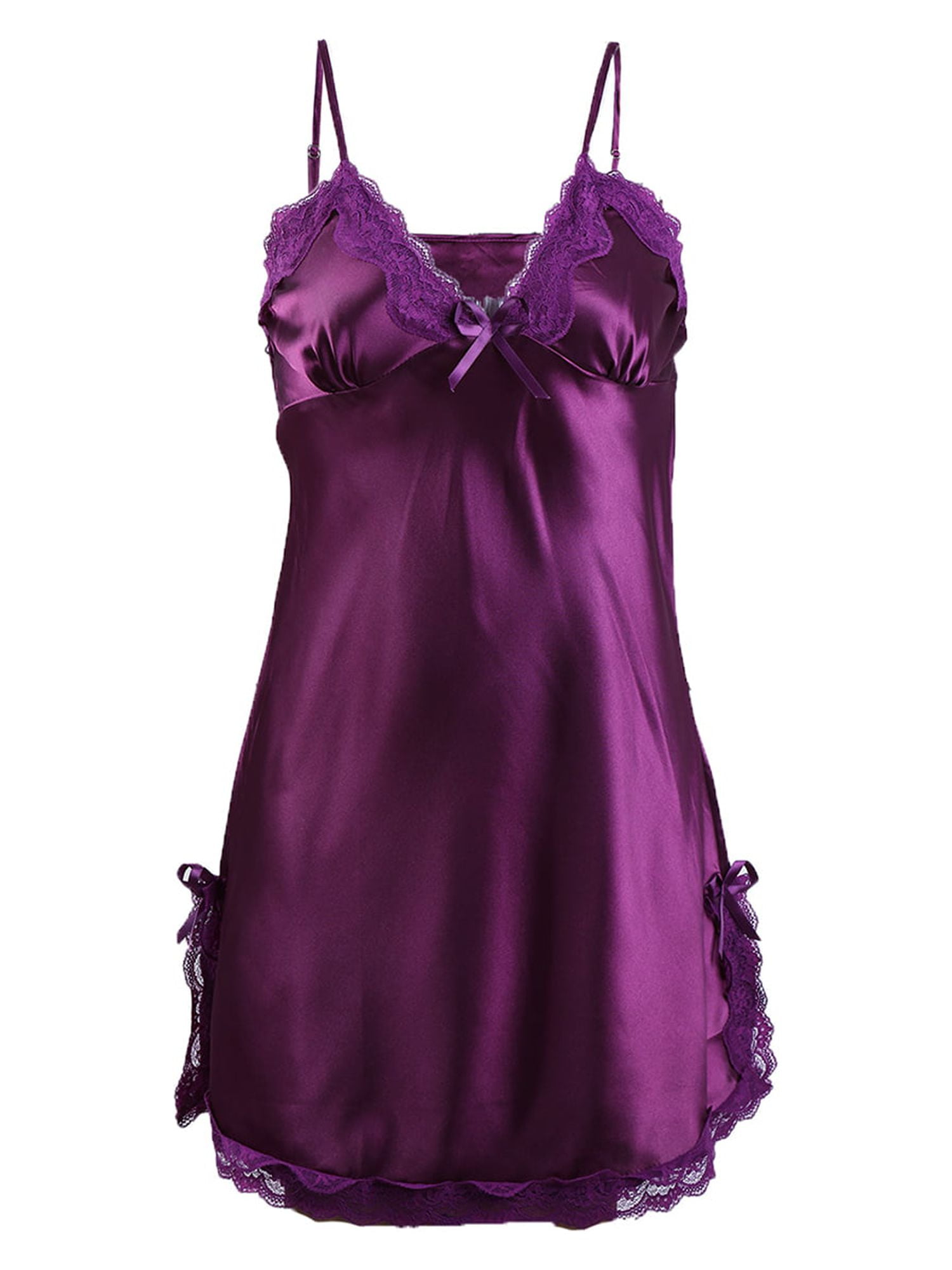 INSPIRE CHIC Women Satin Lace Trim Sleepwear Nightgown Pajama Slip ...