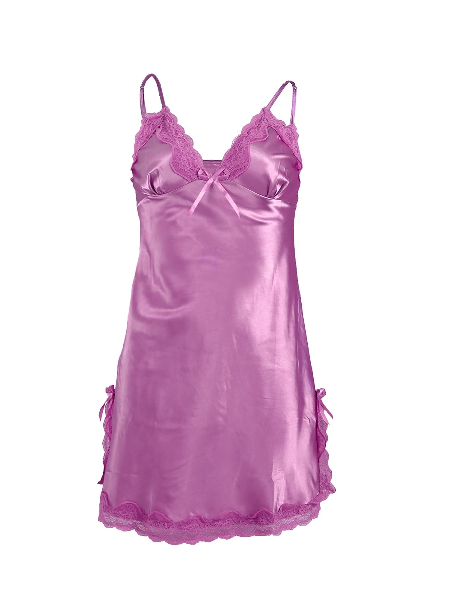 INSPIRE CHIC Women Sexy Satin Lace Trim Sleepwear Nightgown Pajama Slip ...
