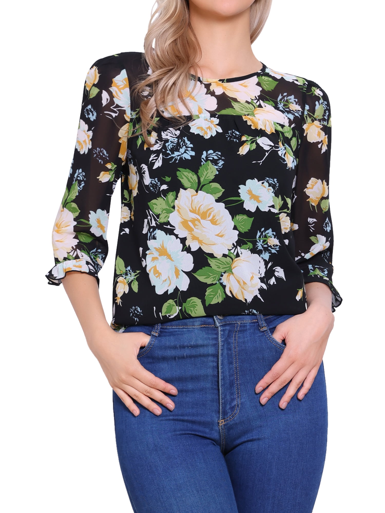INSPIRE CHIC Women's Tops 3/4 Sleeves Ruffle Hem Floral Chiffon Shirt ...