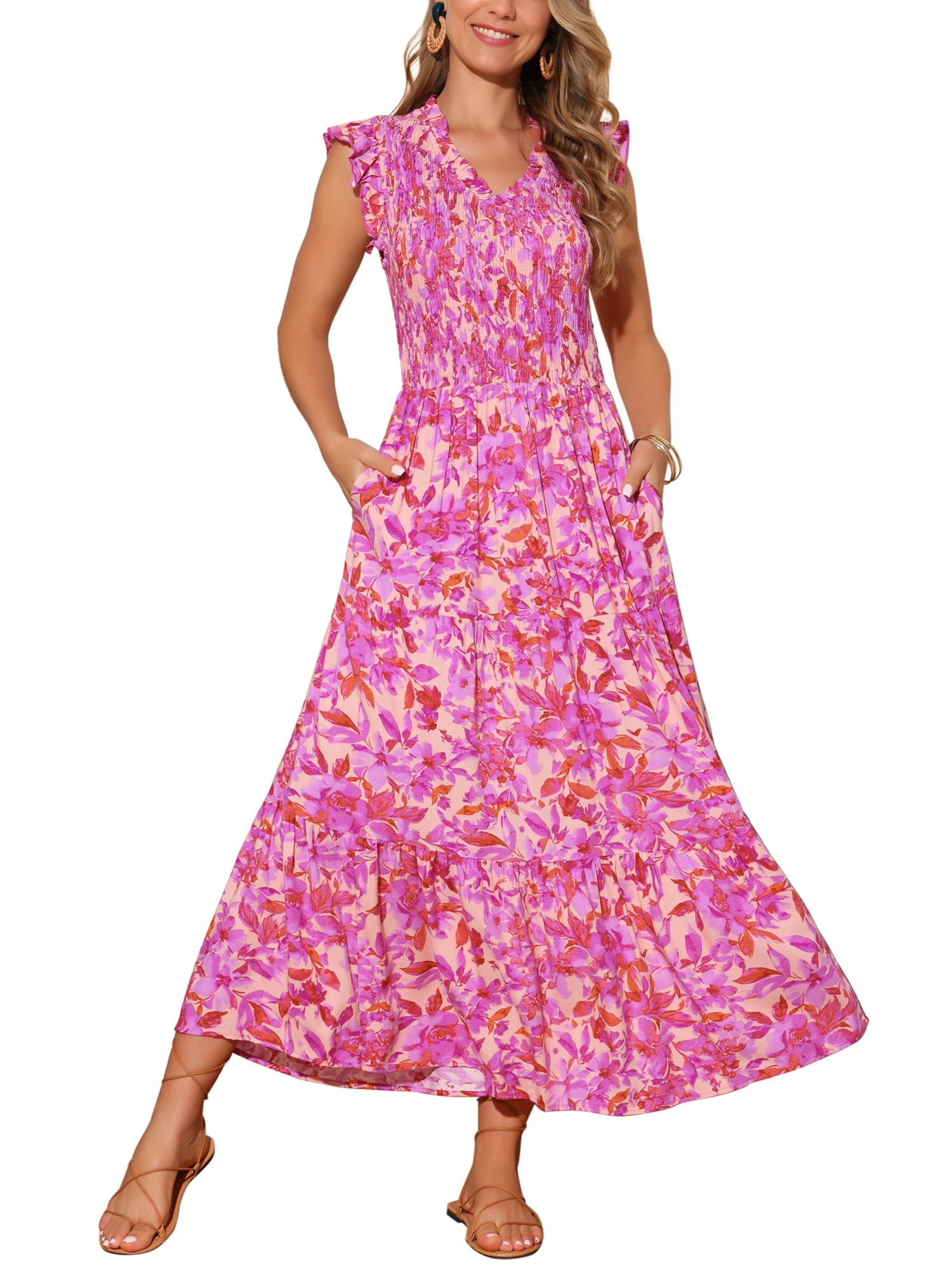 INSPIRE CHIC Women's Summer Dresses Casual Cap Sleeve V Neck Smocked ...