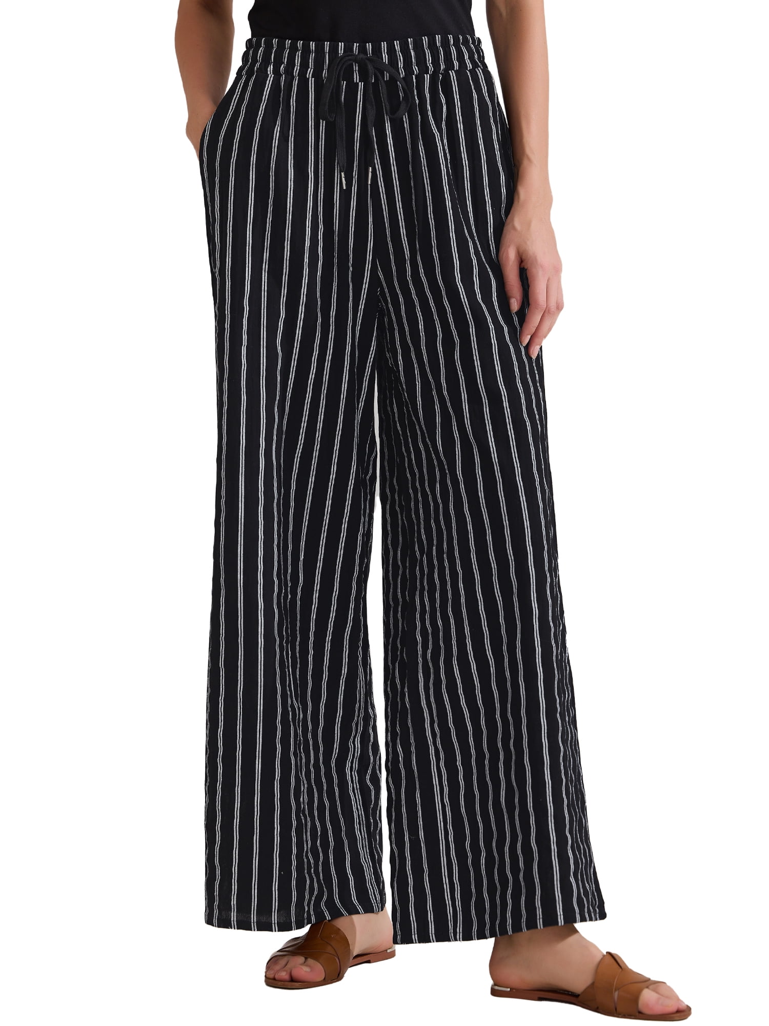 INSPIRE CHIC Women's Casual Drawstring Stripe Pants Wide Leg High Waist ...