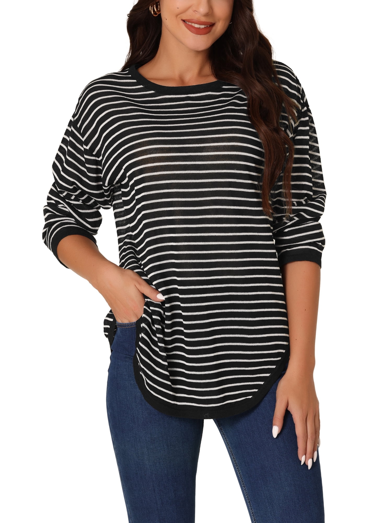 INSPIRE CHIC Women's Casual Long Sleeve Back Split Striped Curved Hem ...