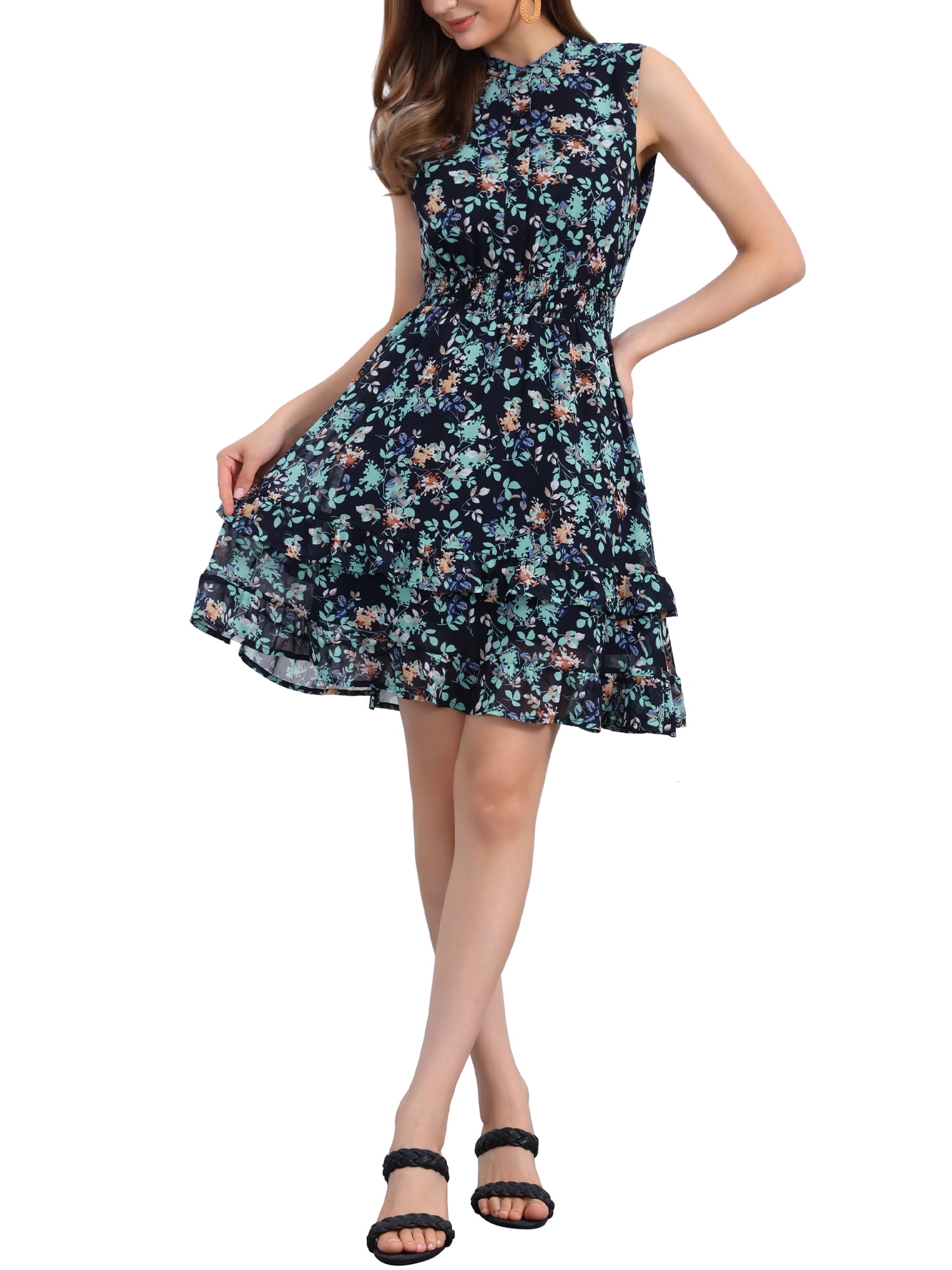 INSPIRE CHIC Women's Chiffon Dresses Smocked Chic Floral Sleeveless A ...