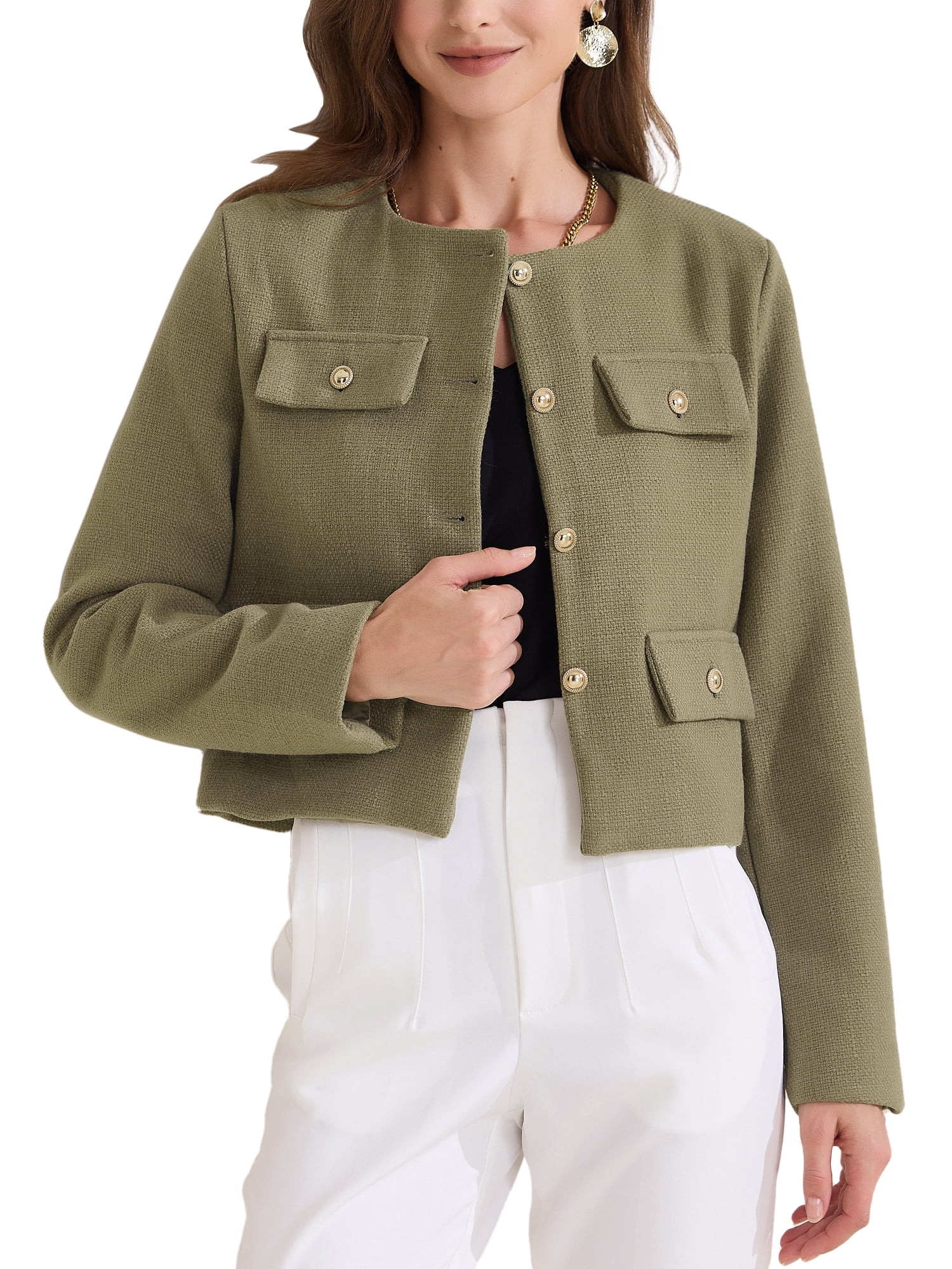 INSPIRE CHIC Women's Cropped Tweed Long Sleeve Button Down Fall Winter ...