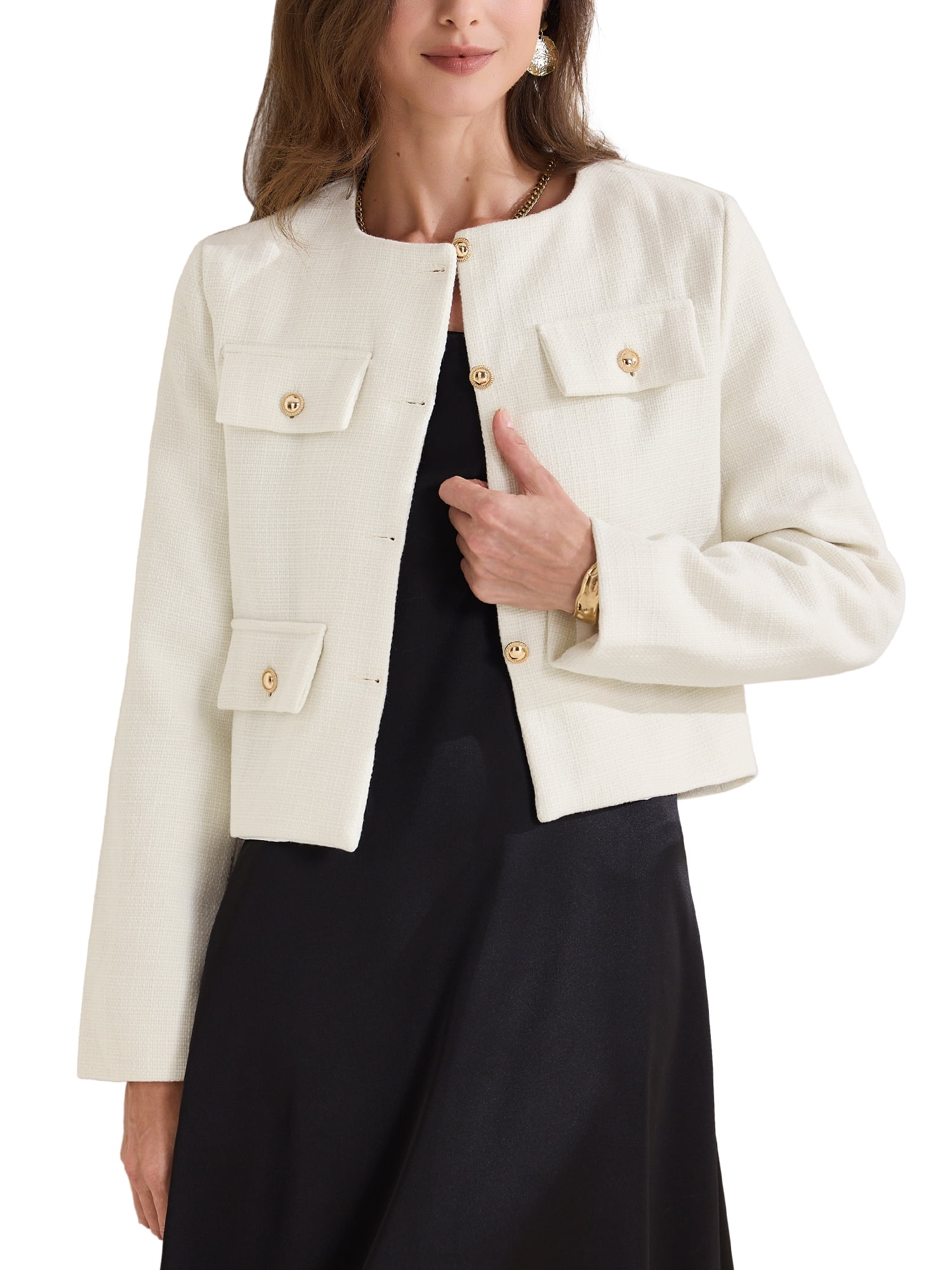 INSPIRE CHIC Women's Cropped Tweed Long Sleeve Button Down Fall Winter ...