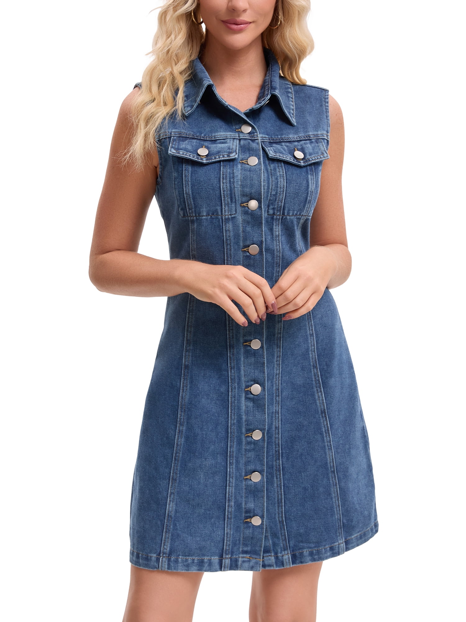 INSPIRE CHIC Women's Denim Dress Sleeveless Collared Button Down Chic ...
