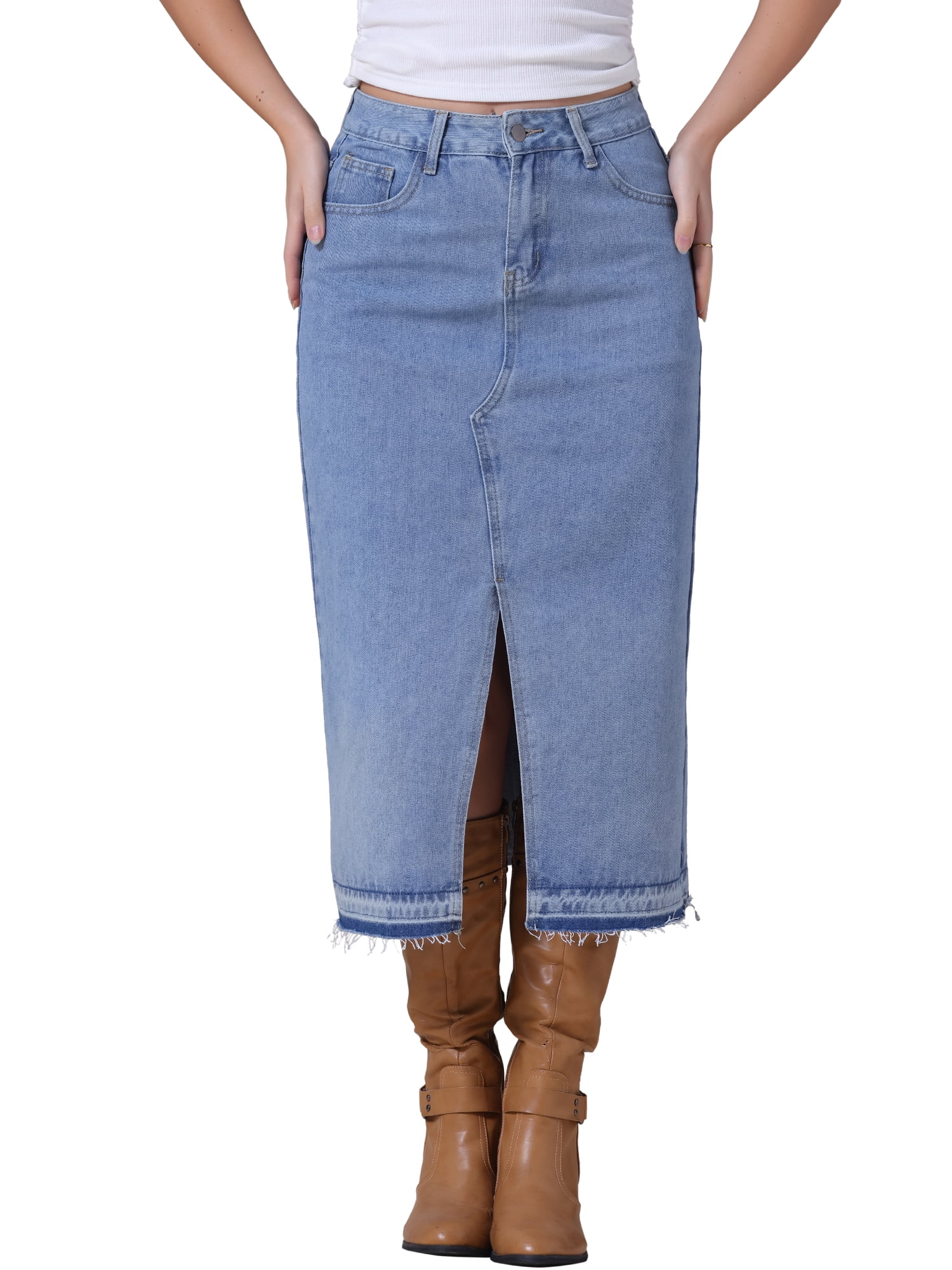 INSPIRE CHIC Women's Denim Front Slit Raw Hem High Waisted Stretch Midi ...