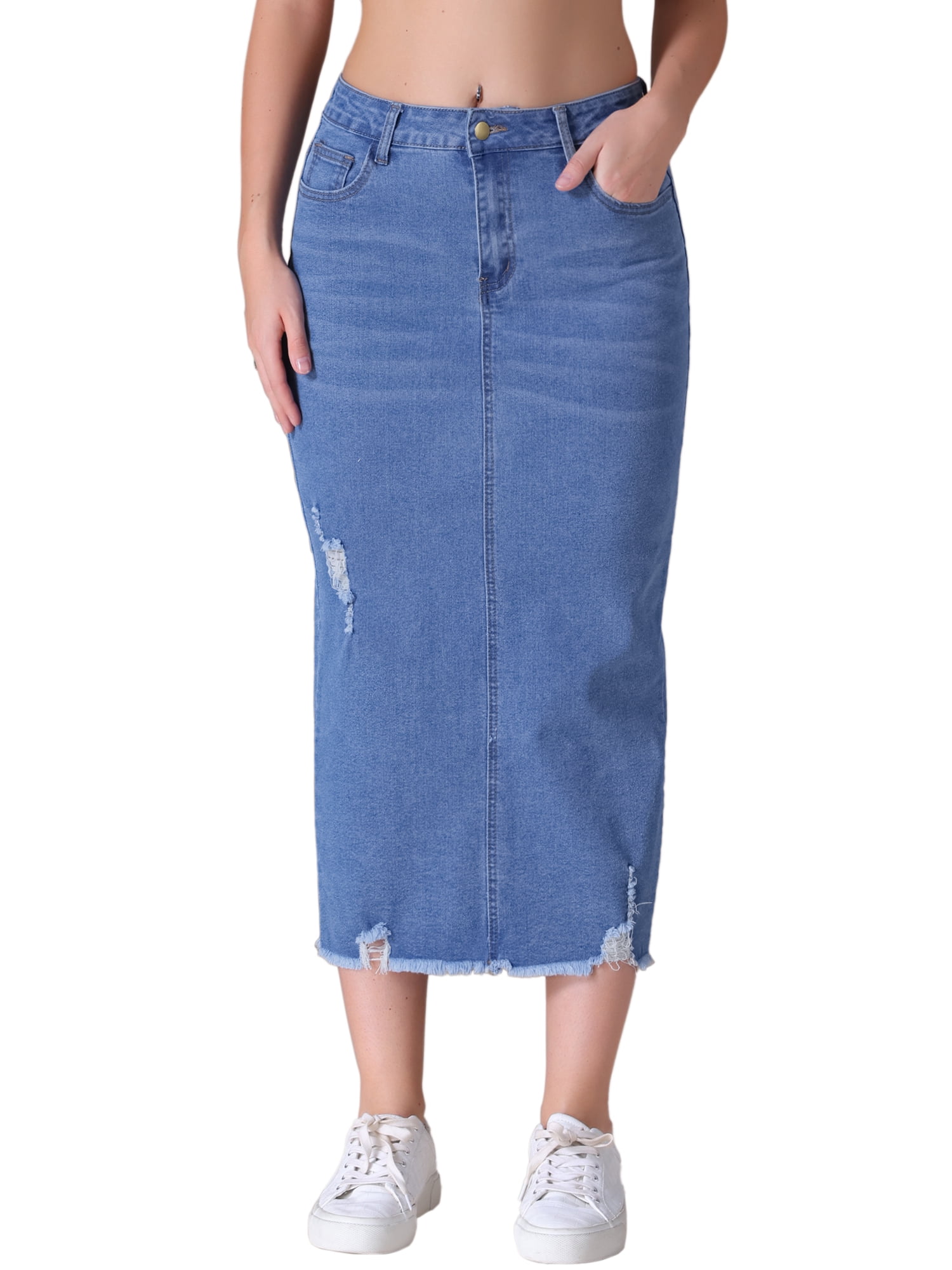 INSPIRE CHIC Women's Denim High Waisted Stretch Ripped Raw Hem Split Casual Midi Pencil Jean ...