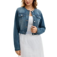 INSPIRE CHIC Women's Denim Jacket Button Down Peplum Hem Long Sleeves Cropped Washed Jean Jacket ...