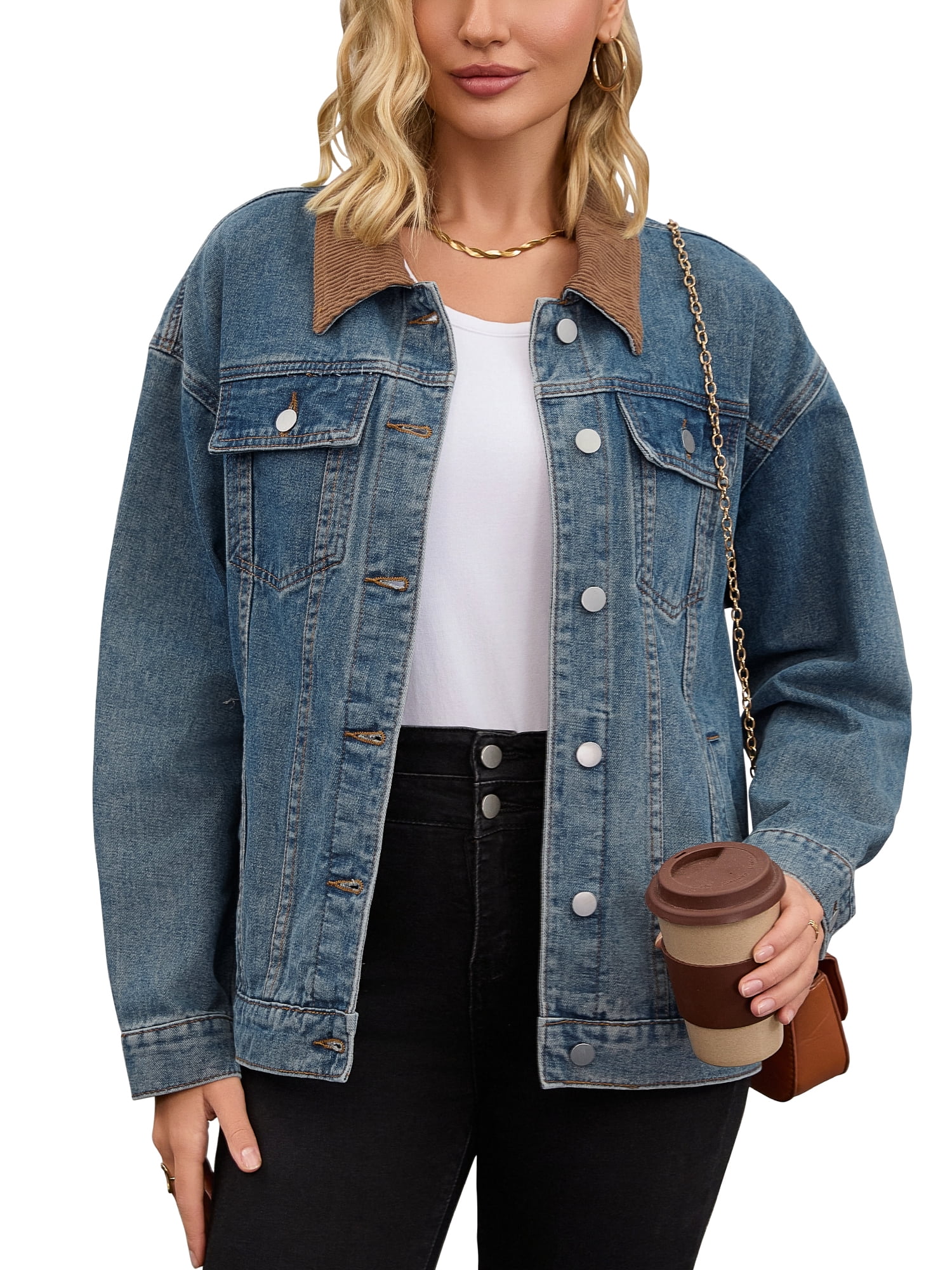 INSPIRE CHIC Women's Coat Denim Corduroy Collar Long Sleeves Button ...