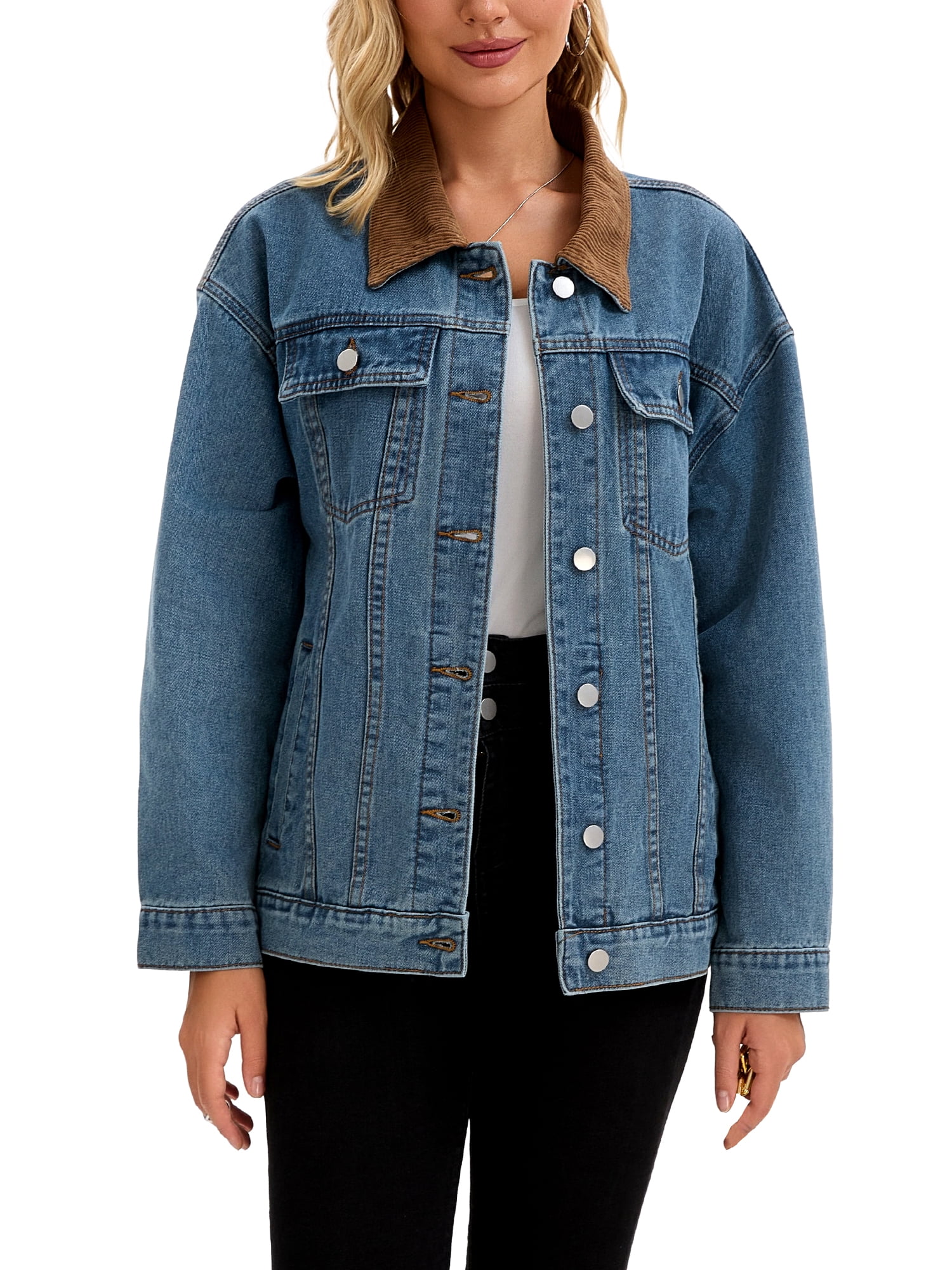 INSPIRE CHIC Women's Coat Denim Corduroy Collar Long Sleeves Button ...