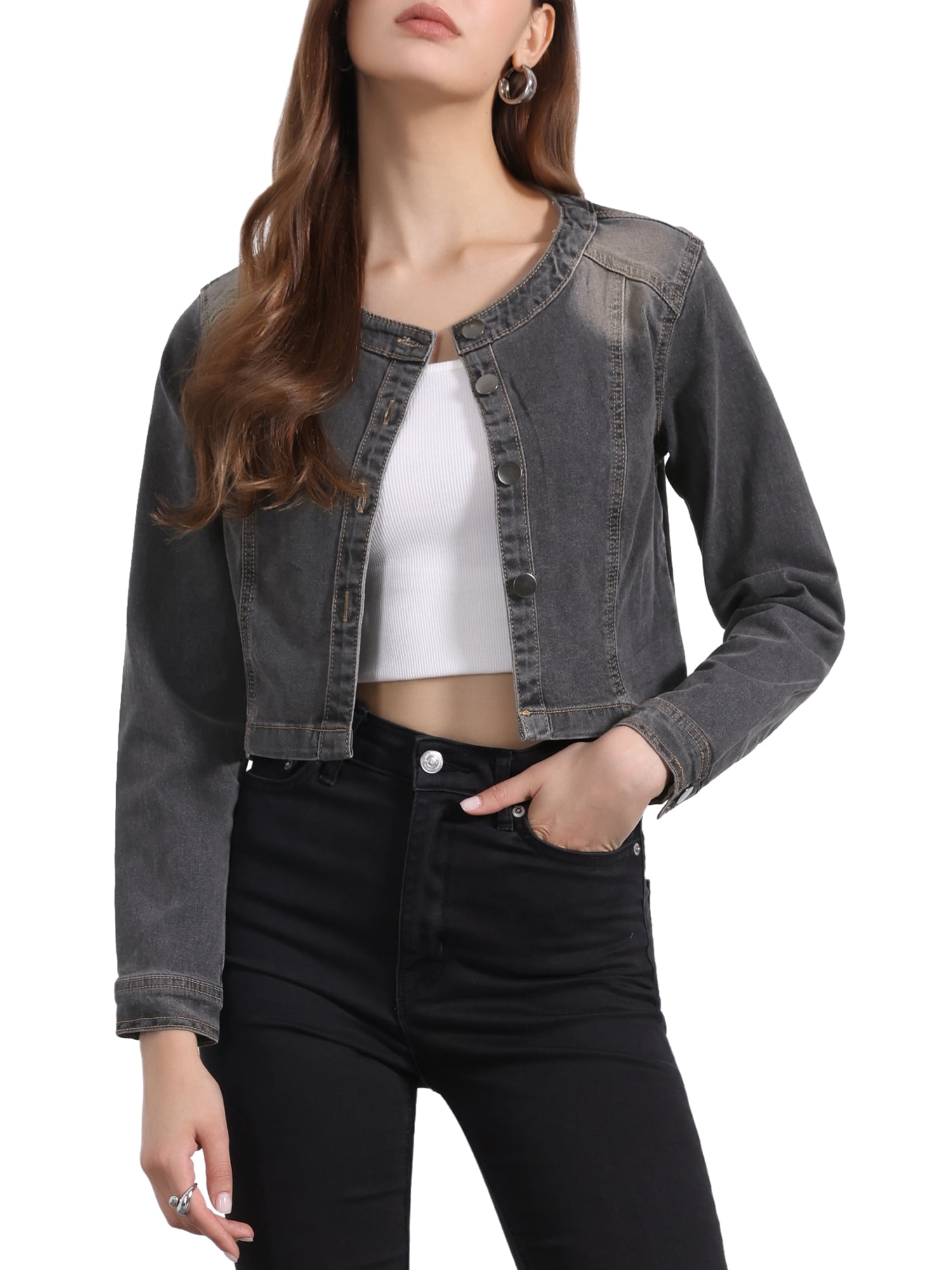 INSPIRE CHIC Women's Denim Jackets Collarless Long Sleeves Button Down ...