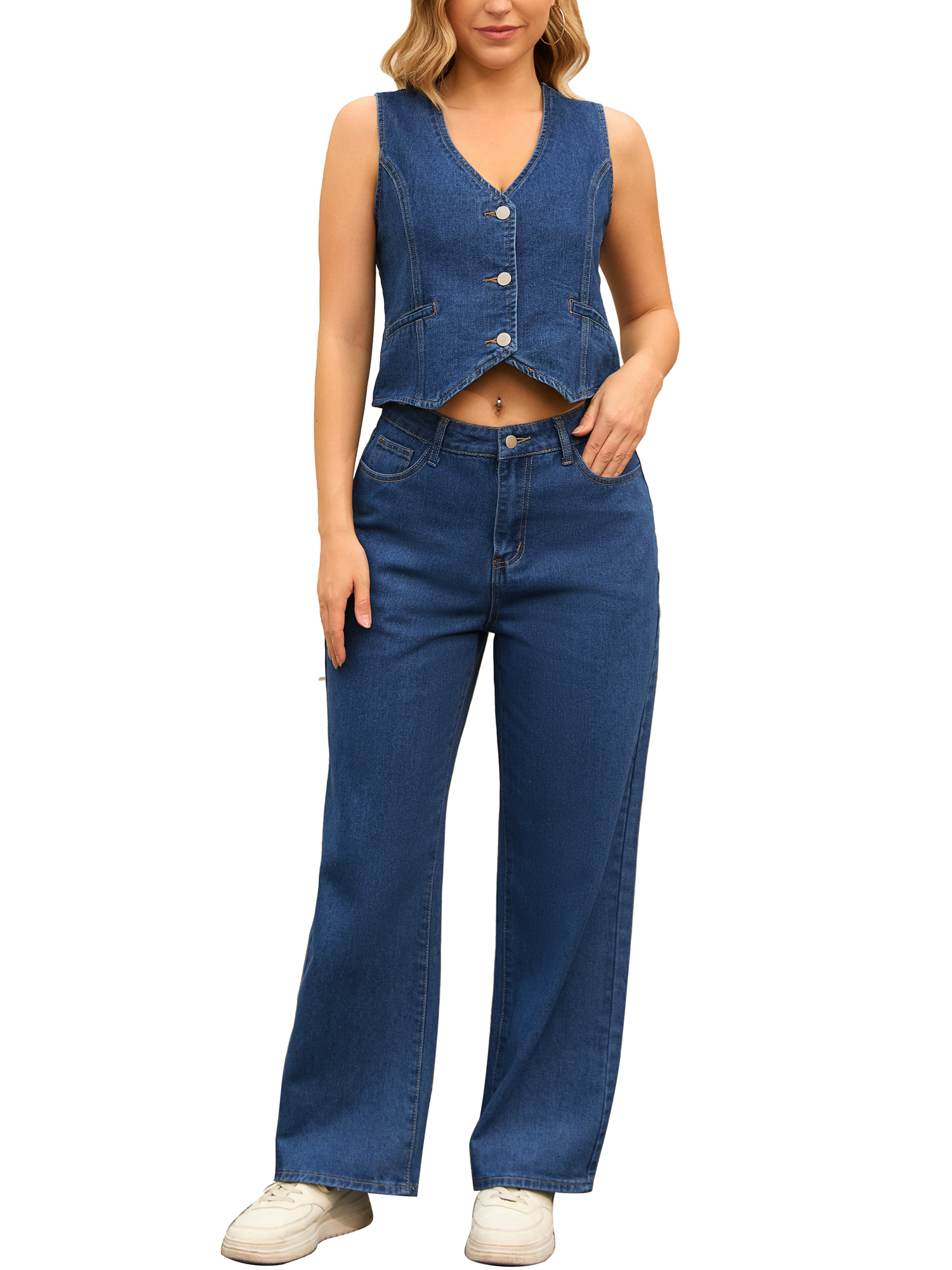 INSPIRE CHIC Women's Denim Jean Vest Top and Jeans Denim Set 2 Piece ...