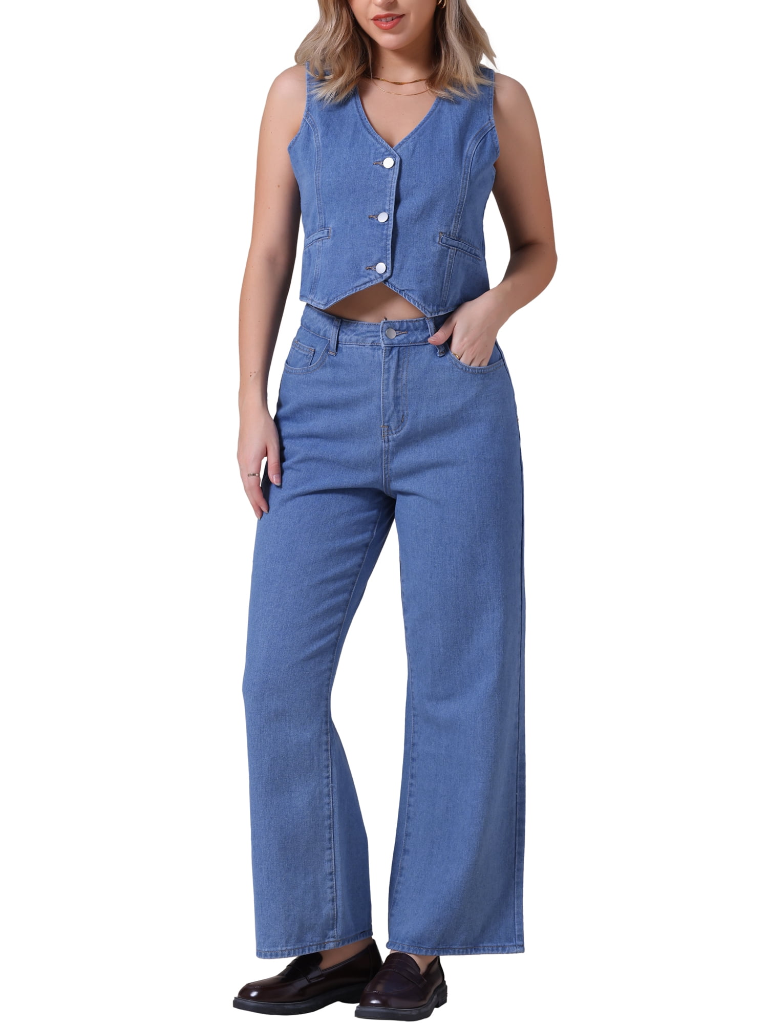 INSPIRE CHIC Women's Denim Jean Vest Top and Jeans Denim Set 2 Piece ...