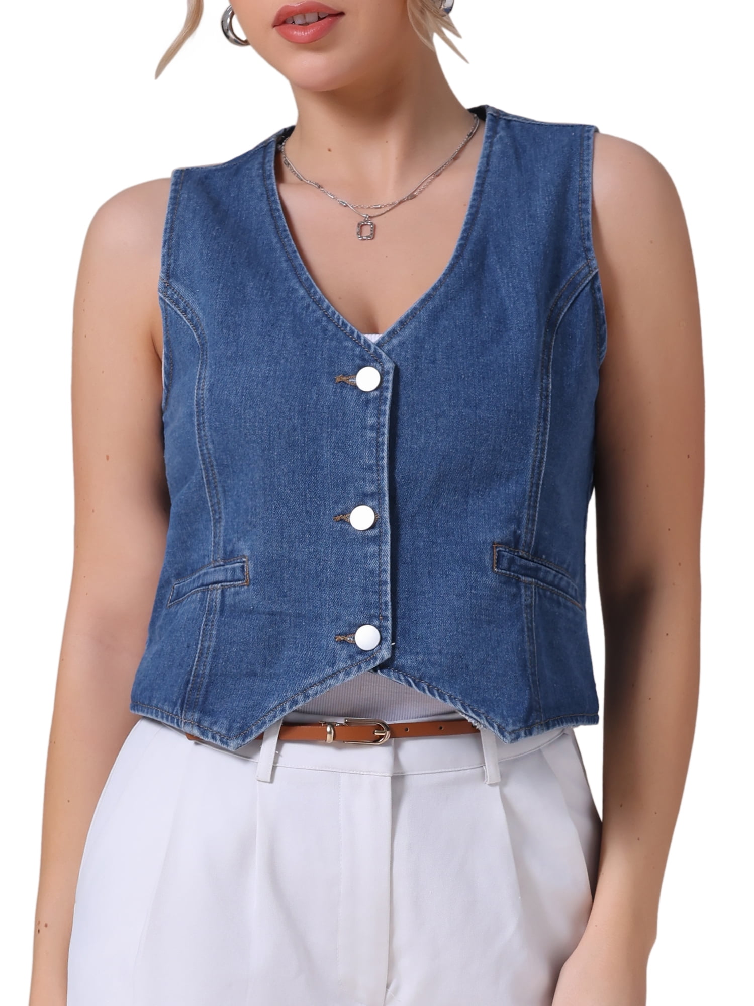 INSPIRE CHIC Women's Jean Jacket Sleeveless V Neck Button Down Crop ...