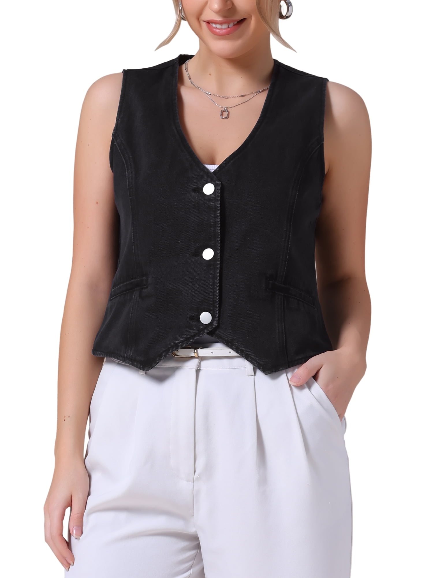 INSPIRE CHIC Women's Denim Sleeveless V Neck Button Down Suit Crop Vest ...