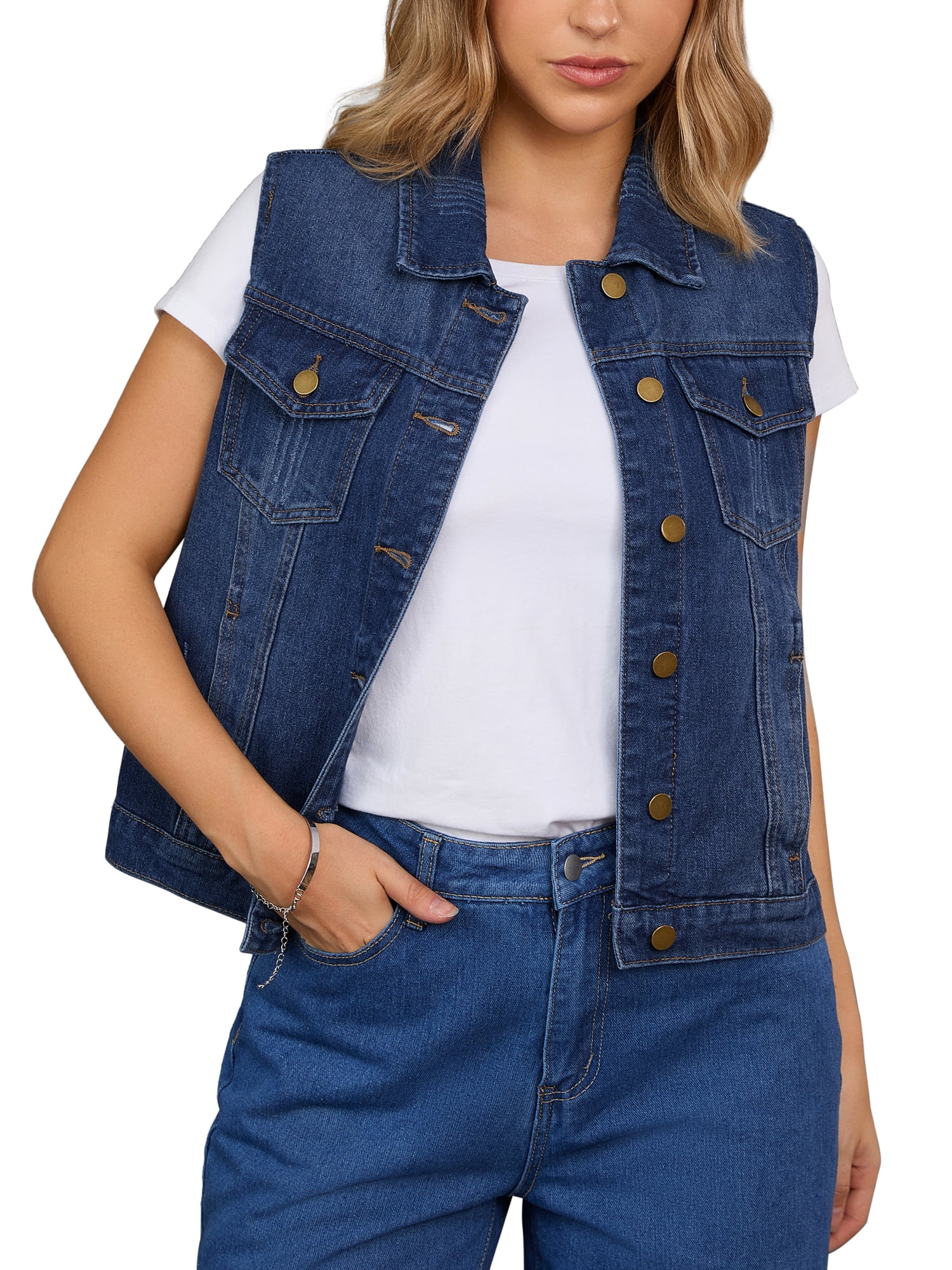 INSPIRE CHIC Women's Denim Vests Button Down Washed Sleeveless Jean ...