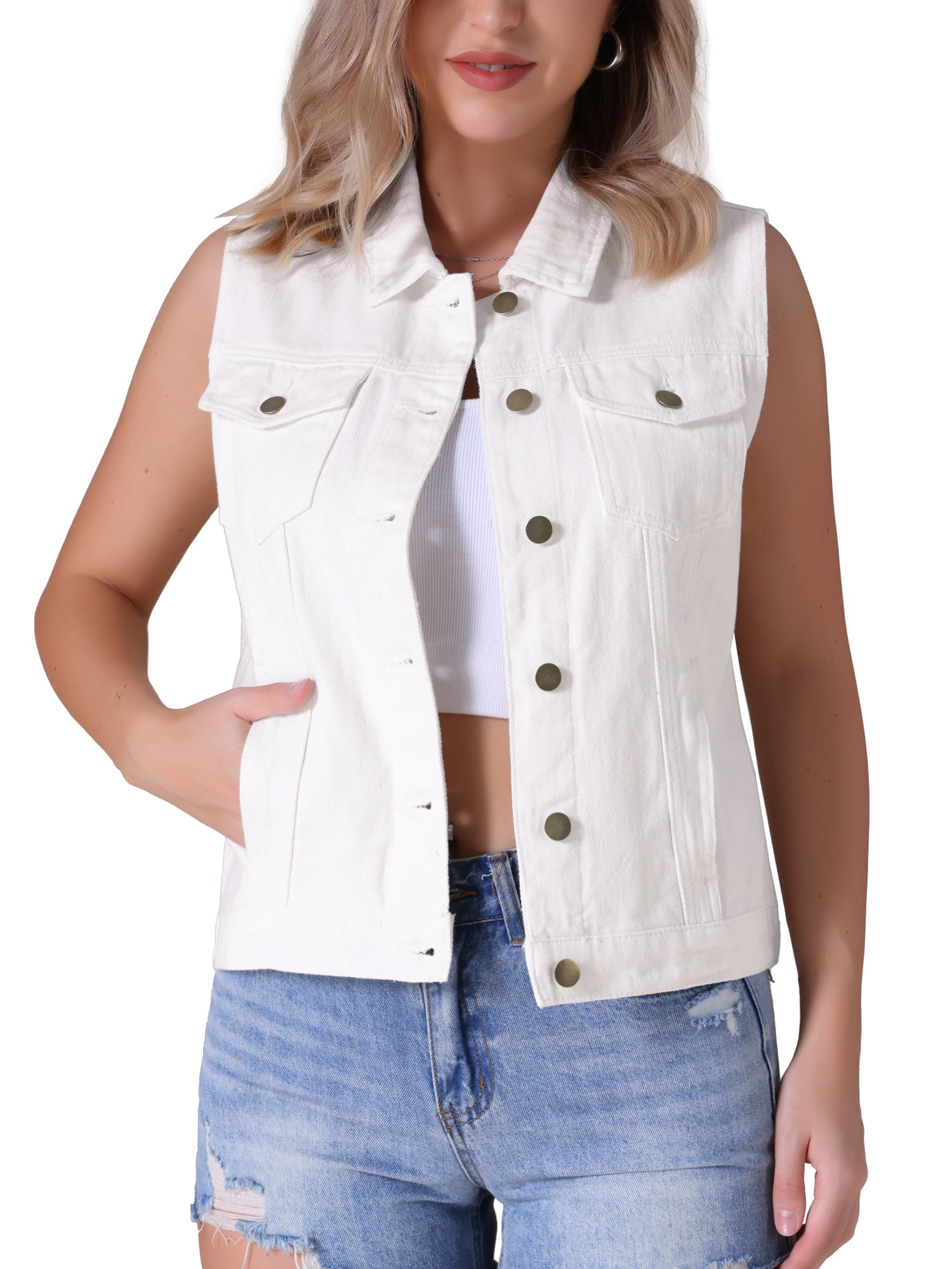 INSPIRE CHIC Women's Denim Vest Button Down W Chest Flap Pockets Washed ...