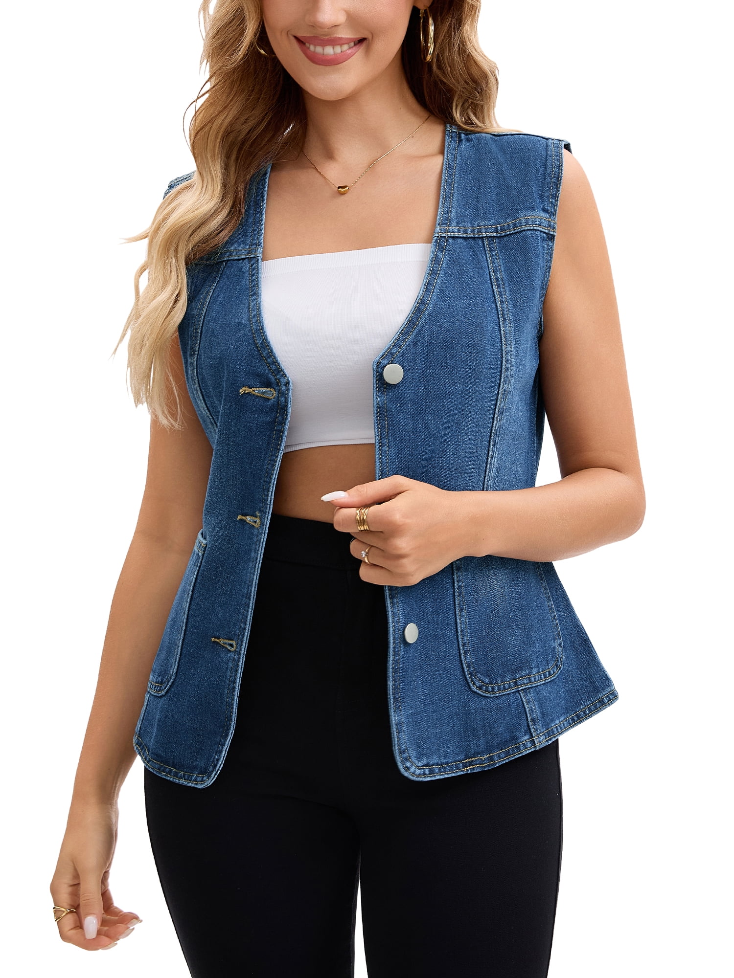 INSPIRE CHIC Women's Vest Denim V Neck Patch Pockets Button Down ...