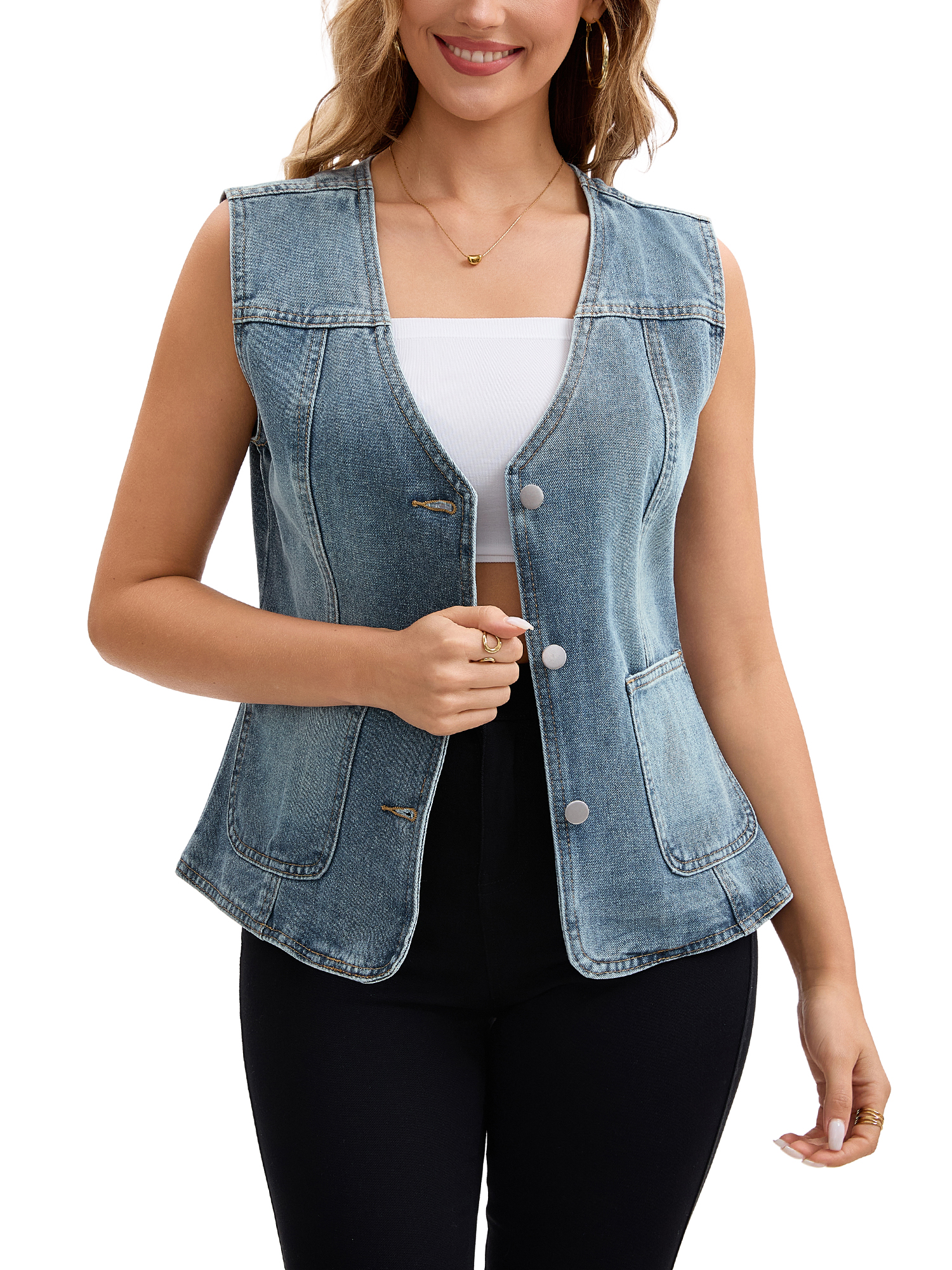 INSPIRE CHIC Women's Vest Denim V Neck Patch Pockets Button Down ...