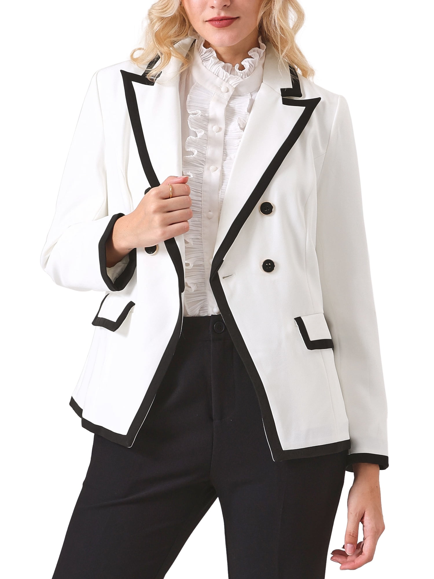 INSPIRE CHIC Women's Double Breasted Blazer Panel Trim Long Sleeve Work ...