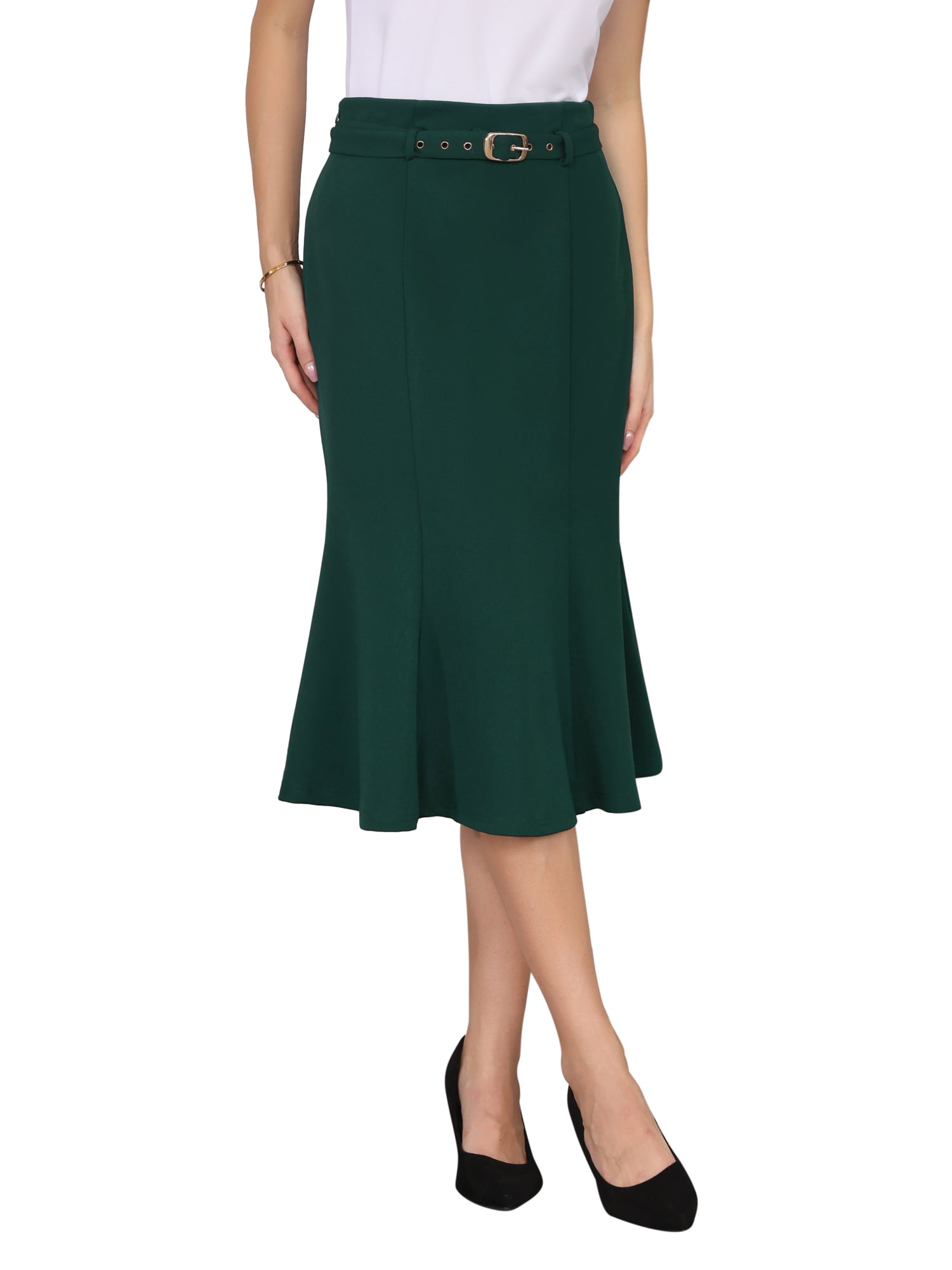INSPIRE CHIC Women's Elegant Fishtail Skirt High Waist Belted Work Midi ...