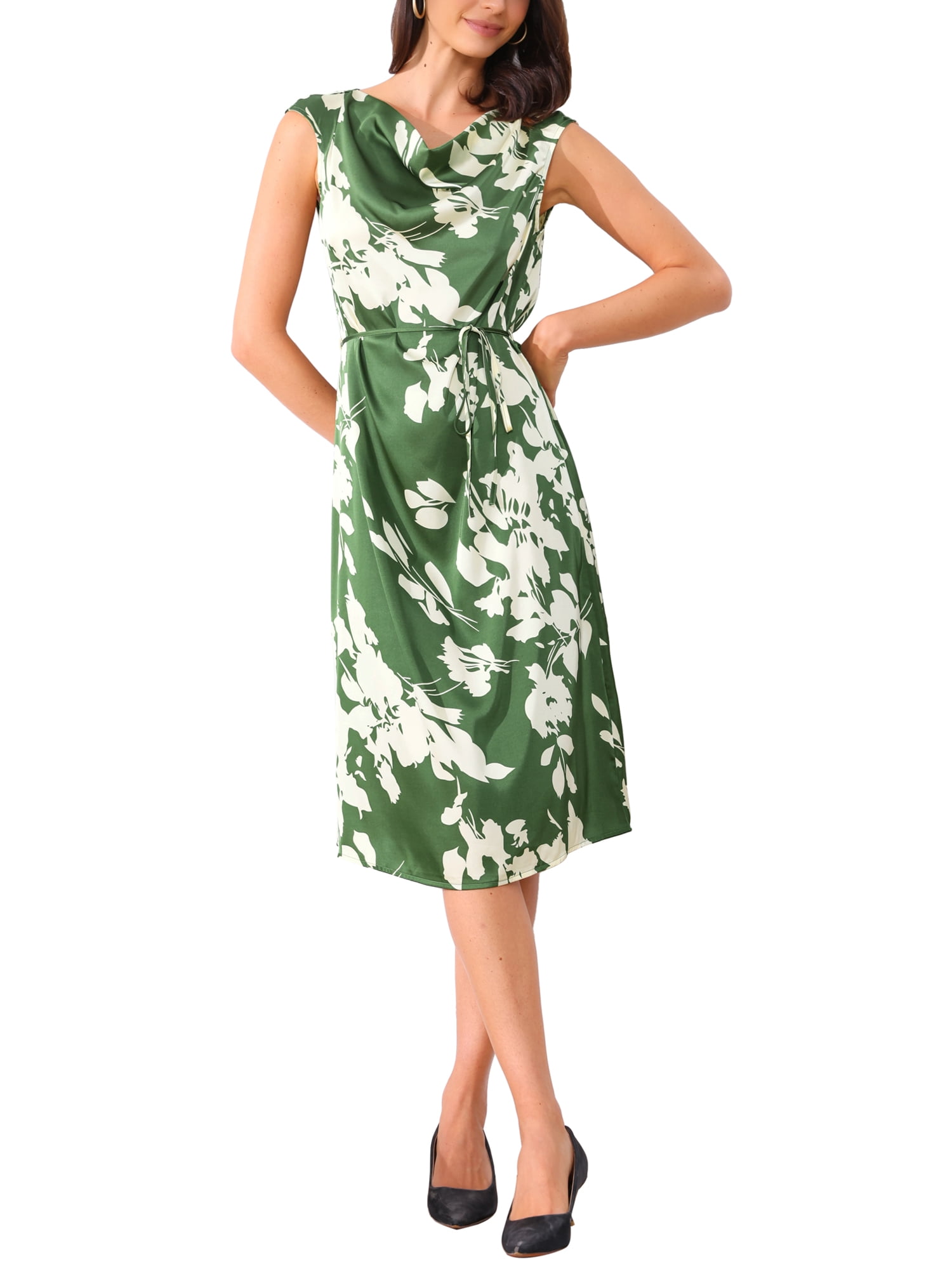 INSPIRE CHIC Women's Elegant Floral Cowl Neck Cap Sleeve Midi Dress M ...