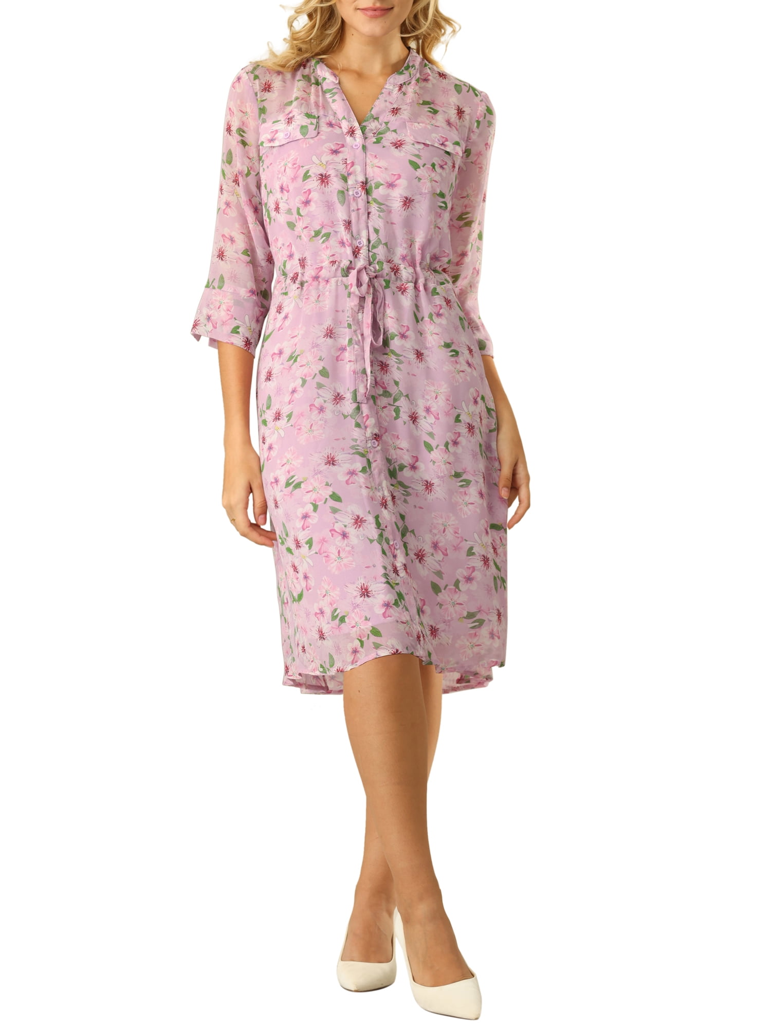 INSPIRE CHIC Women's Elegant Floral Shirt Dress V Neck 3/4 Sleeve Tie ...