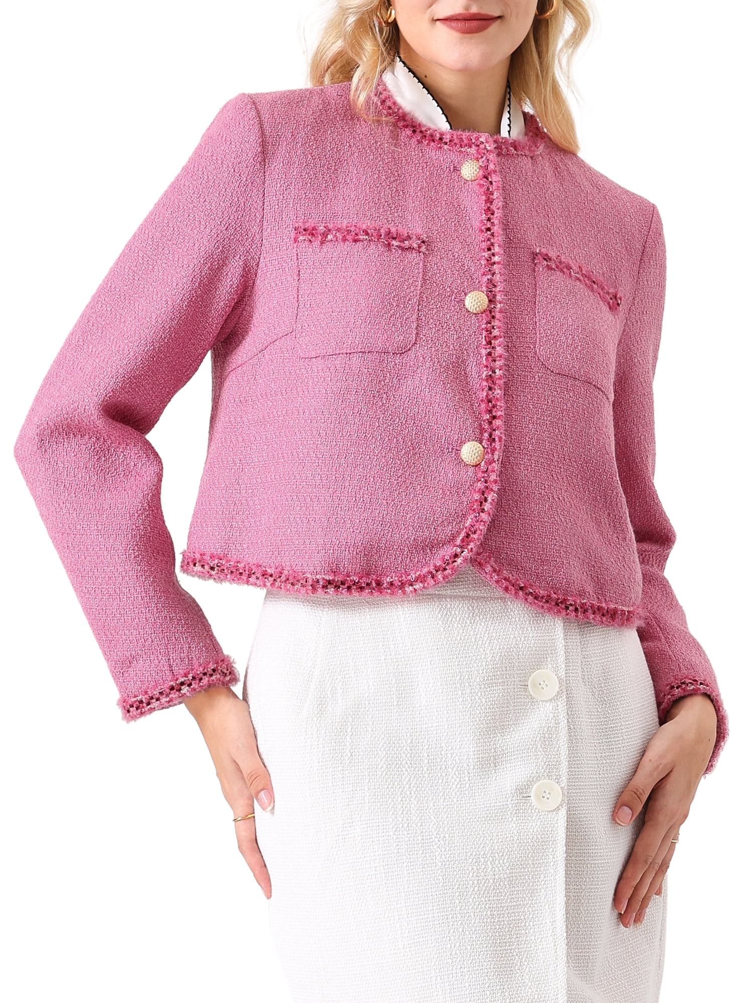INSPIRE CHIC Women's Elegant Tweed Jacket Long Sleeve Panel Trim Work ...