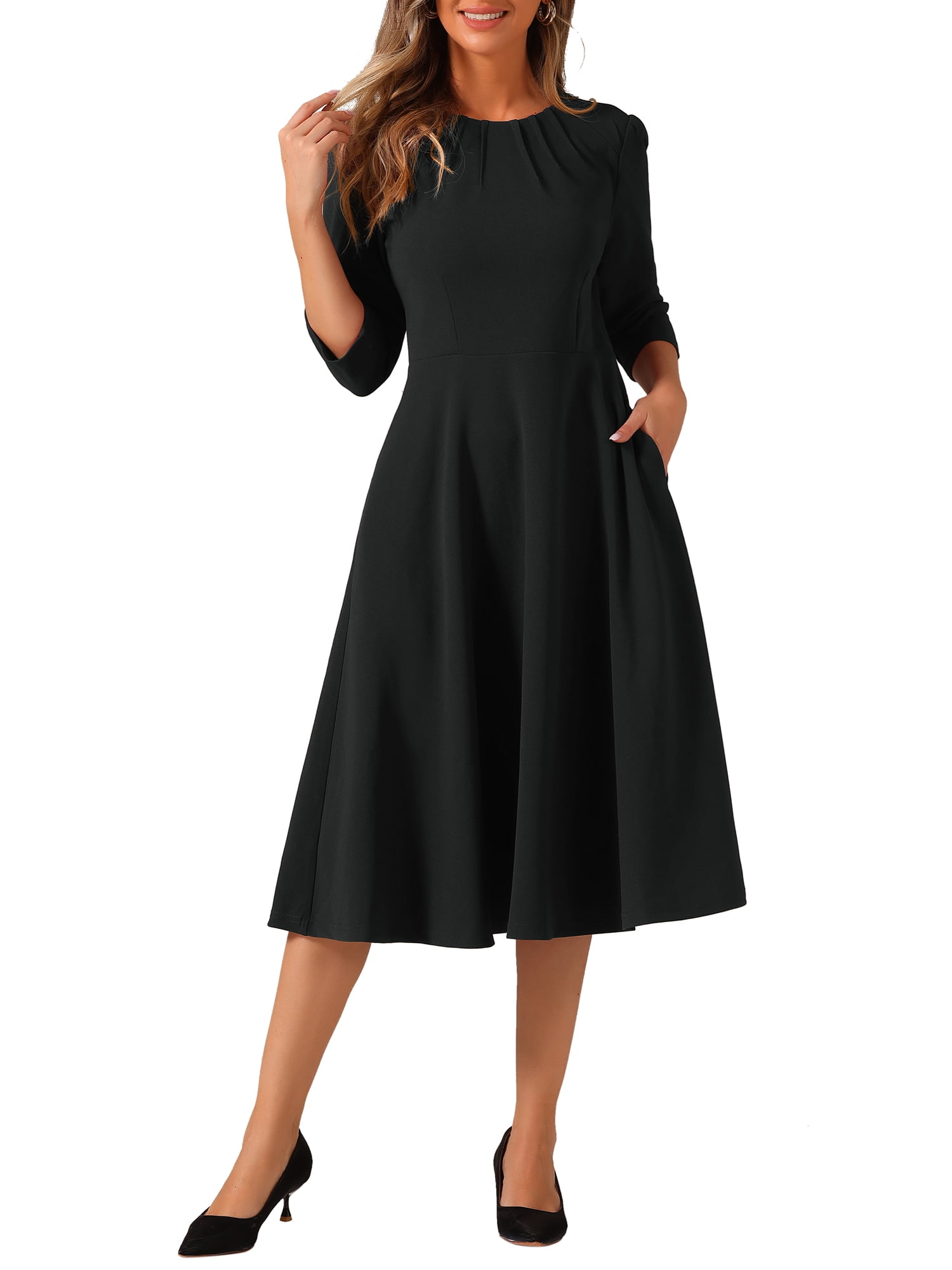 INSPIRE CHIC Women's Elegant Work Dress 3/4 Sleeve Pleated Round Neck ...