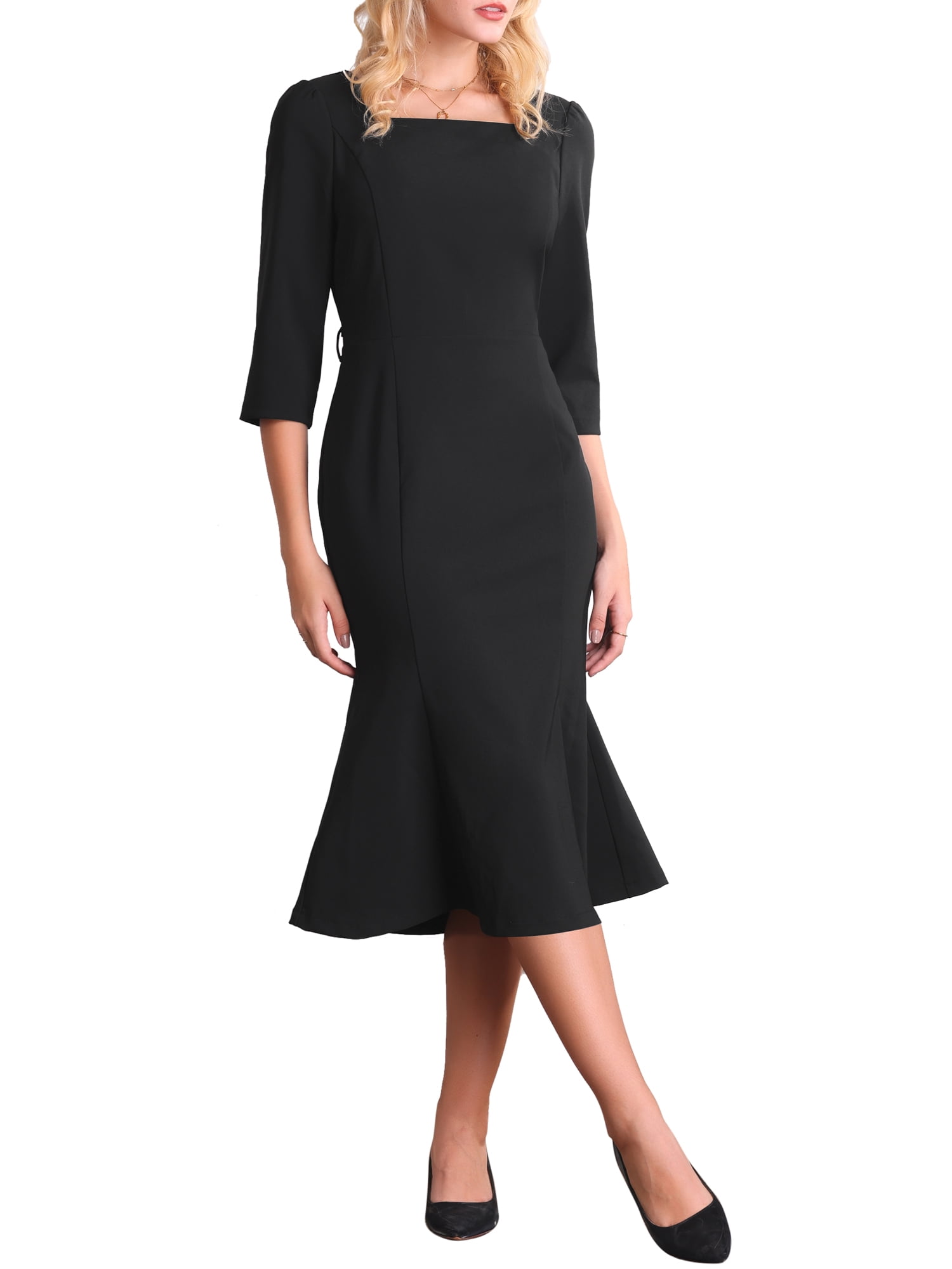 INSPIRE CHIC Women's Elgant Fishtail Dress Square Neck Belted 3/4 ...