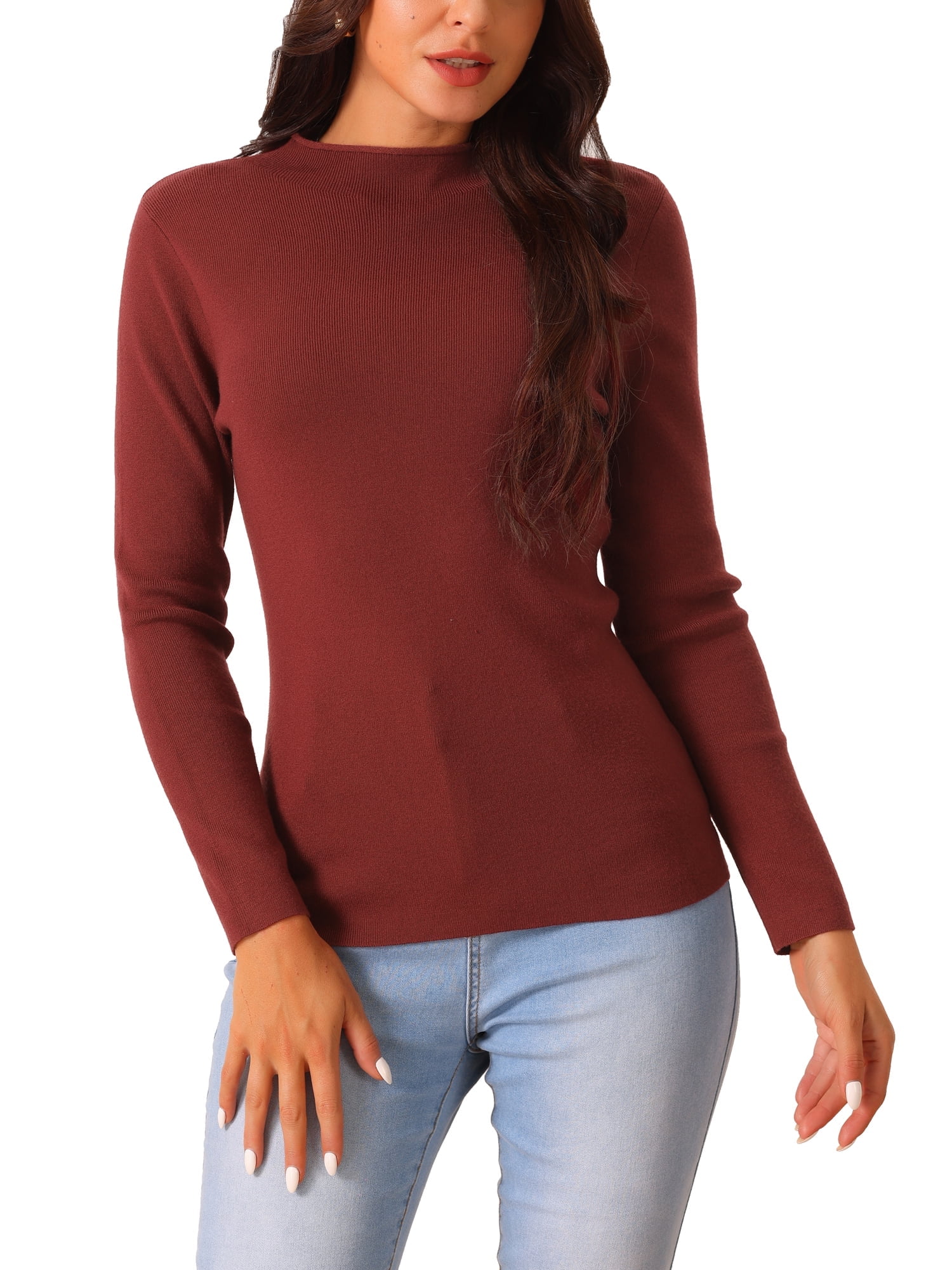 INSPIRE CHIC Women's Ribbed Sweater Mock Neck Long Sleeve Casual Slim ...