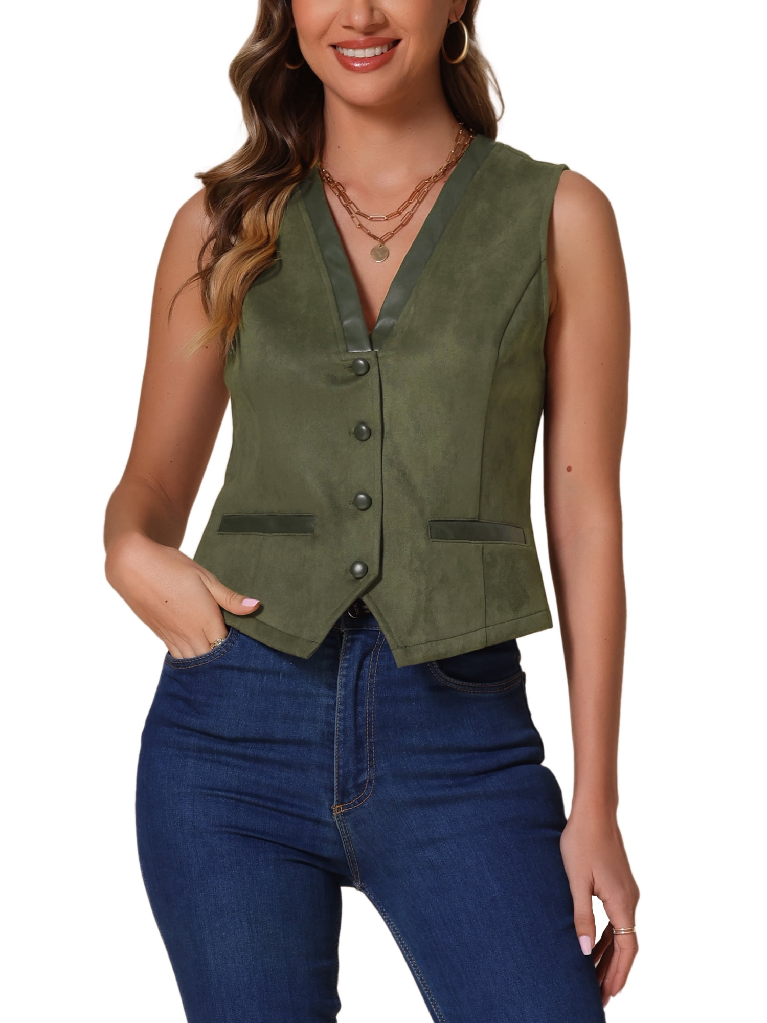 INSPIRE CHIC Women's Vest Faux Suede V Neck Button Vintage Casual ...