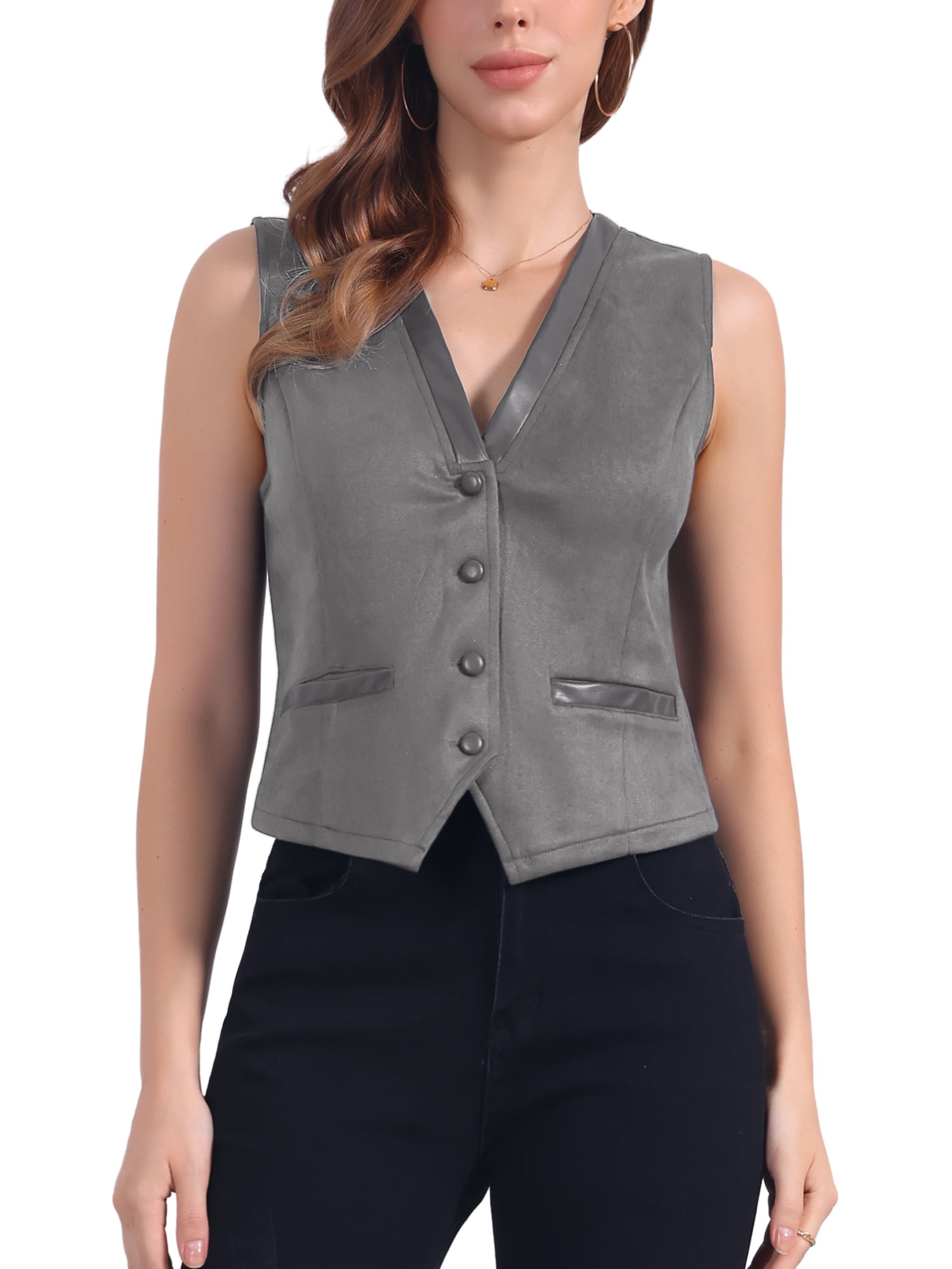 INSPIRE CHIC Women's Vest Faux Suede V Neck Button Vintage Casual ...