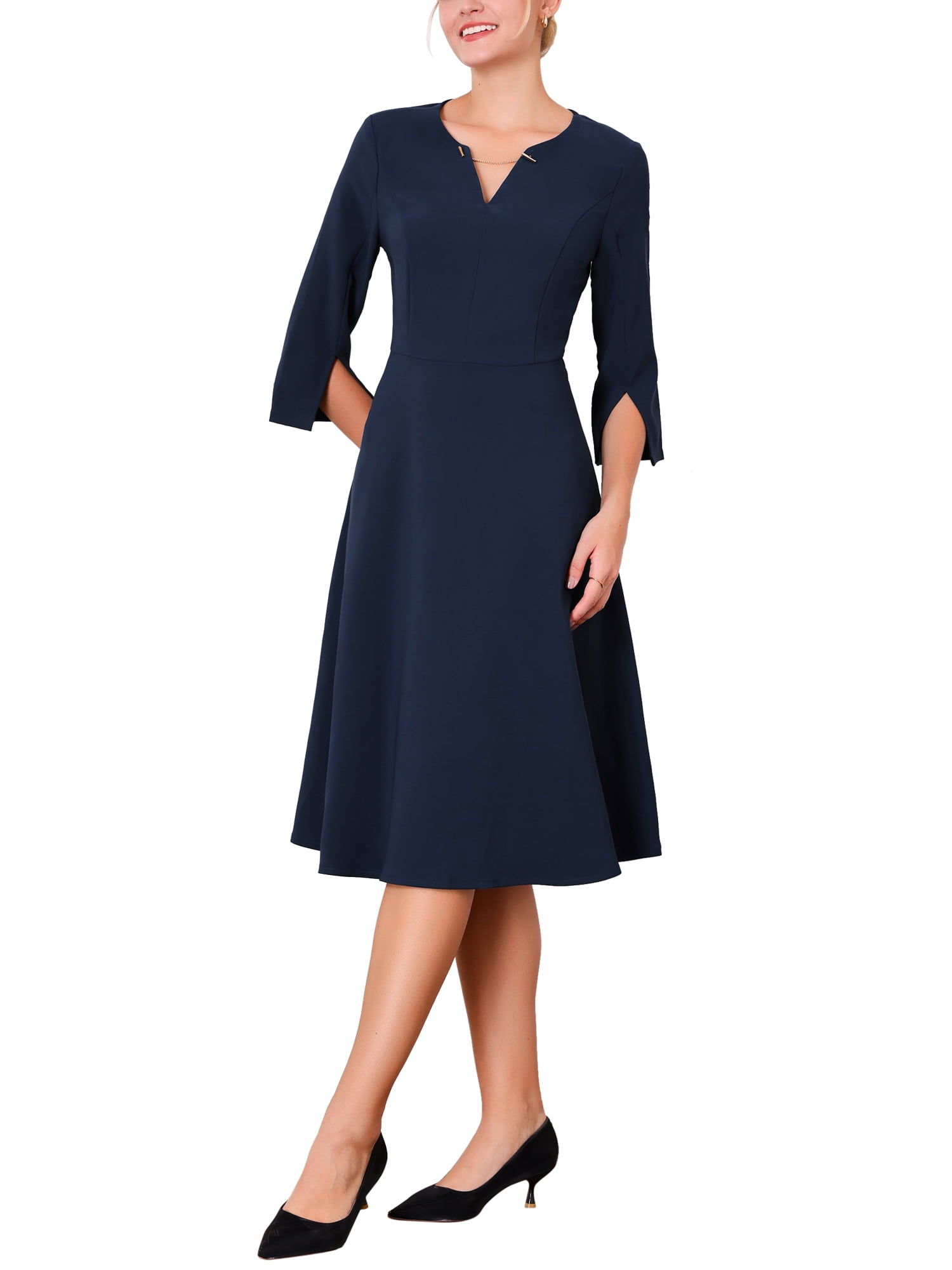 INSPIRE CHIC Women's Flare Dress V Neck 3/4 Sleeve Elegant A Line Work ...