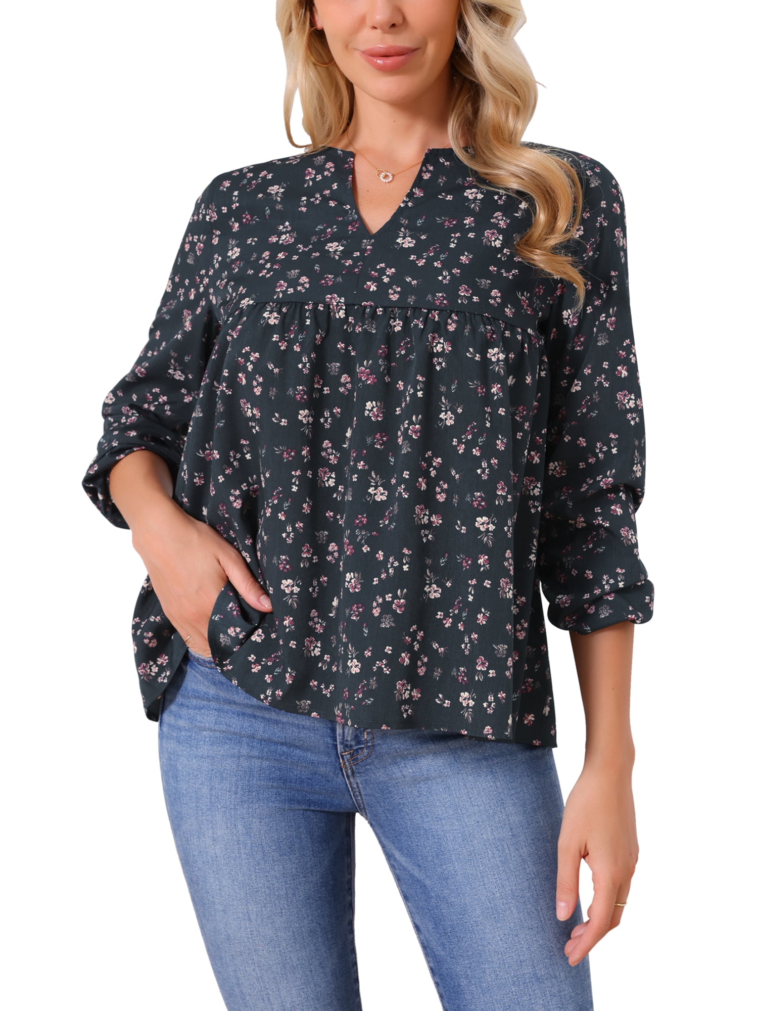 INSPIRE CHIC Women's Floral Blouses V Neck Long Sleeve Babydoll Flowy ...