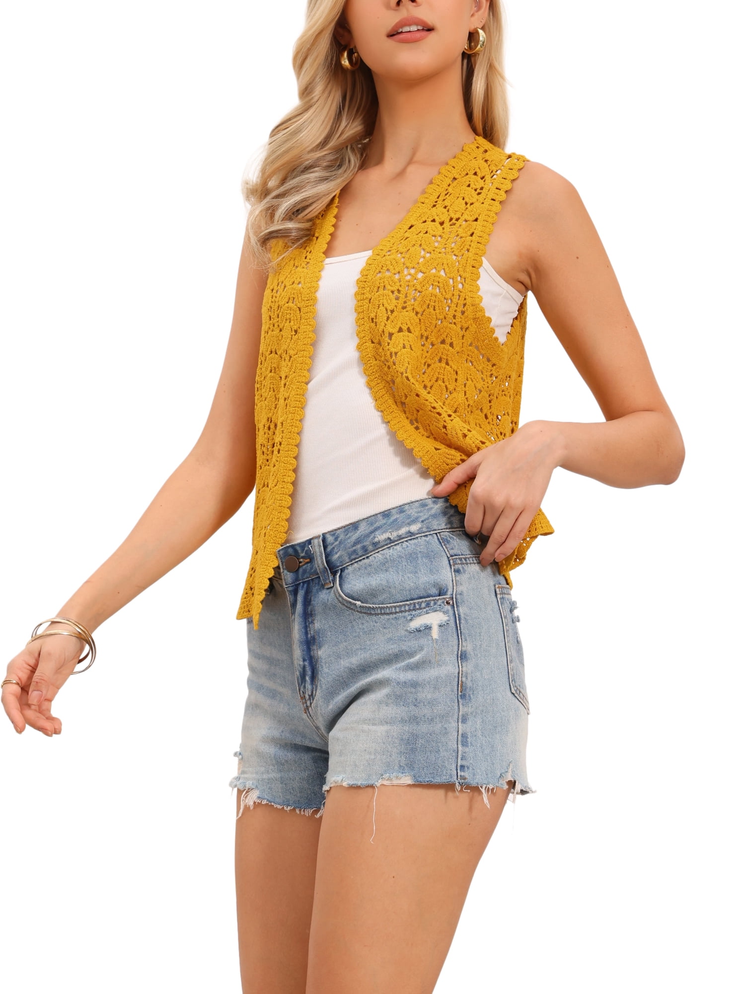 INSPIRE CHIC Women's Floral Crochet Hollow Out Sleeveless Open Front ...