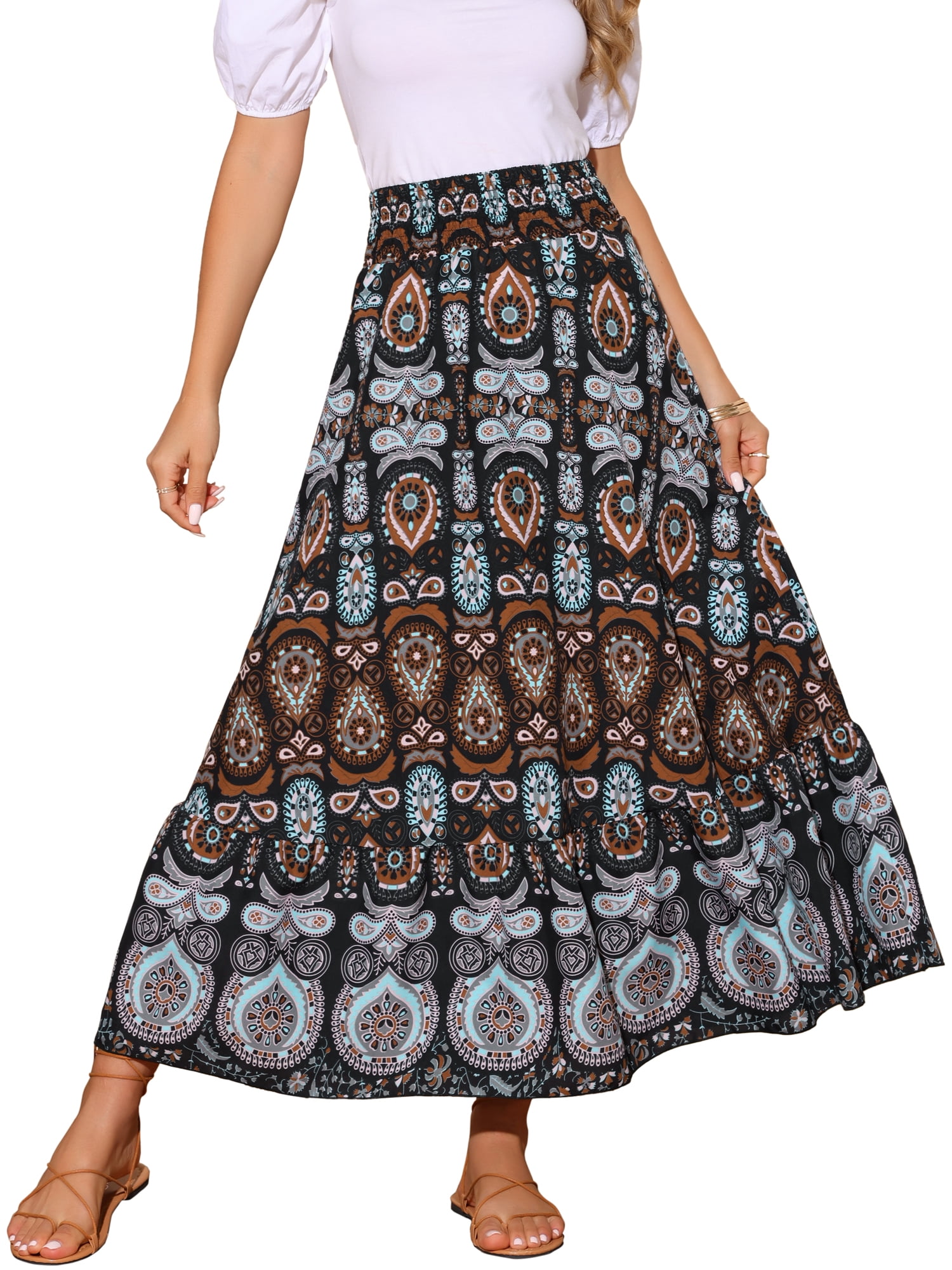 INSPIRE CHIC Women's Floral High Waist A Line Boho Maxi Ruffle Long ...