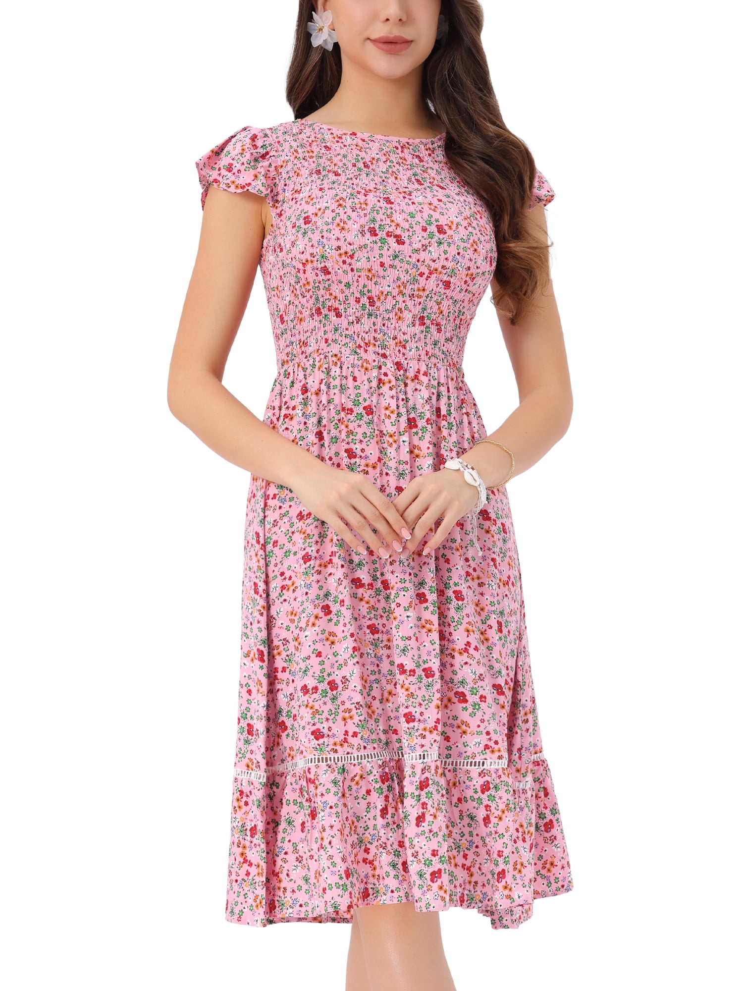 INSPIRE CHIC Women's Dresses Cap Sleeves Smocked Floral Spring Summer ...