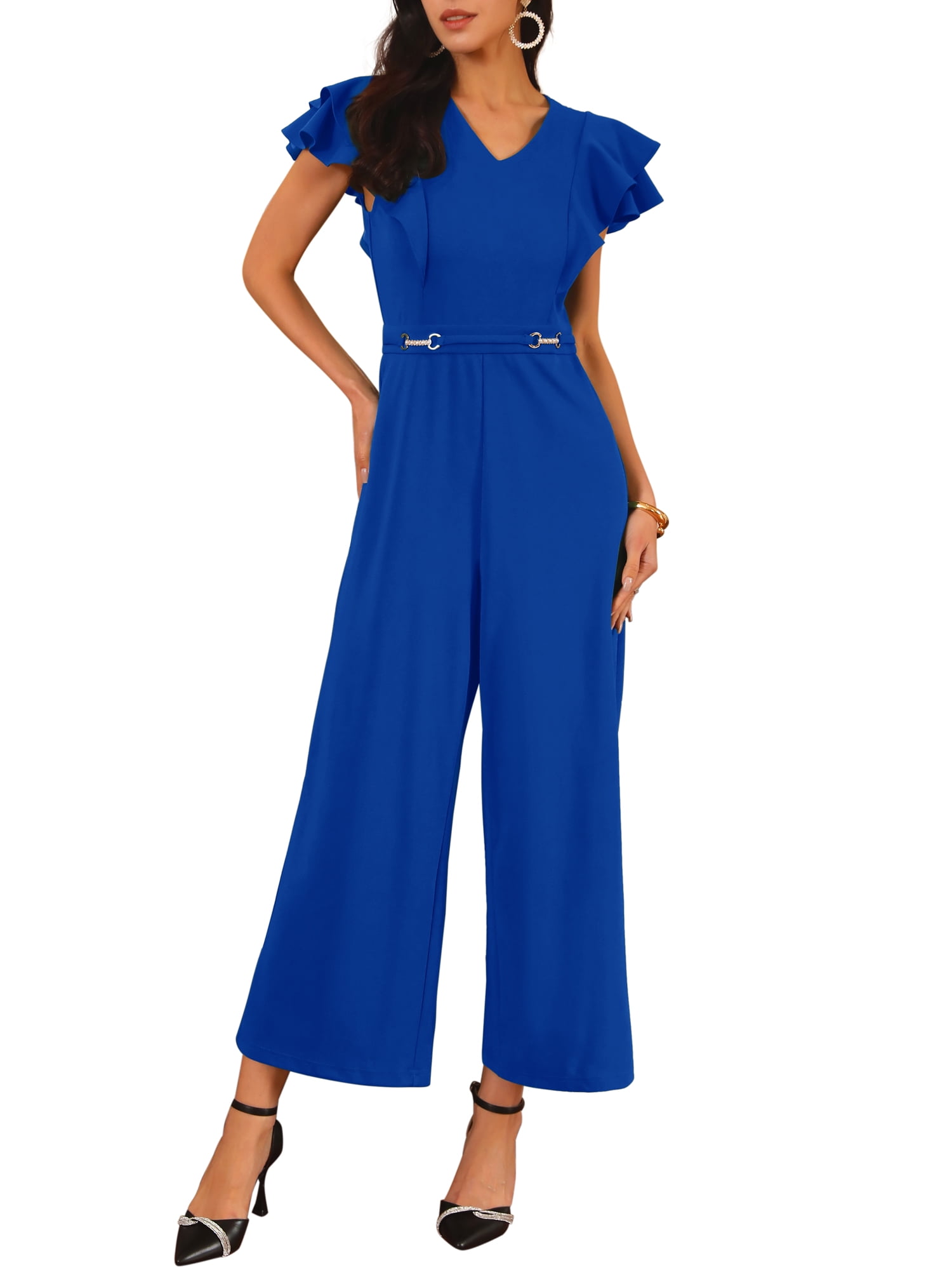 INSPIRE CHIC Women's Formal Jumpsuits Ruffled Sleeve High Waist V Neck ...
