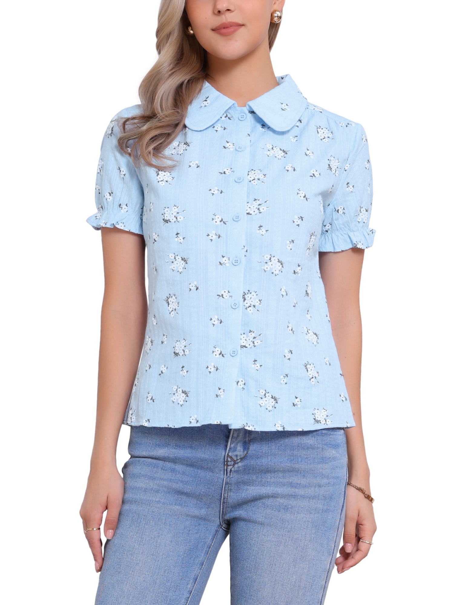 INSPIRE CHIC Women's Frilled Bubble Sleeve Peter Pan Collar Cotton ...